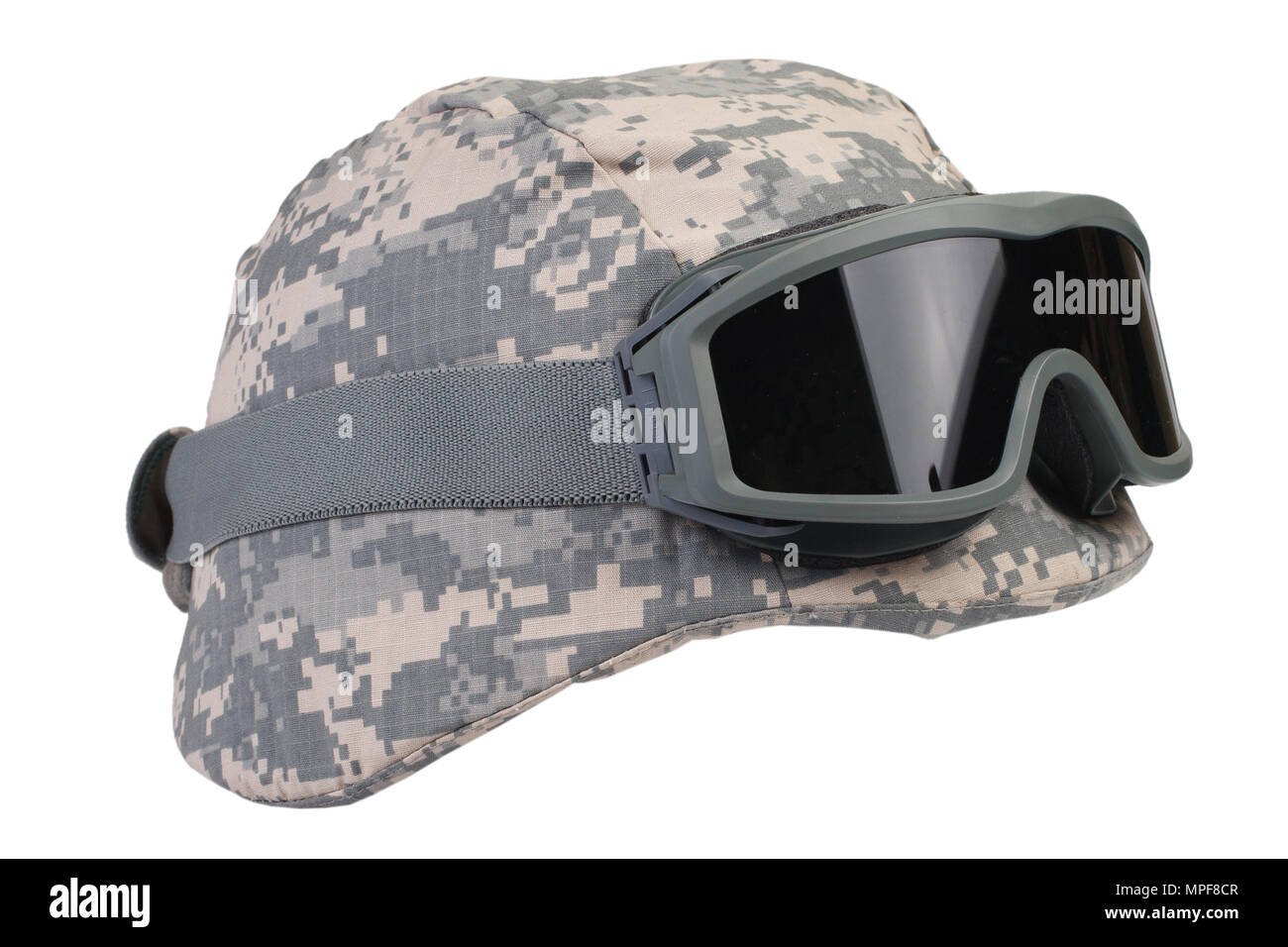kevlar helmet with a camouflage cover and protective goggles isolated ...
