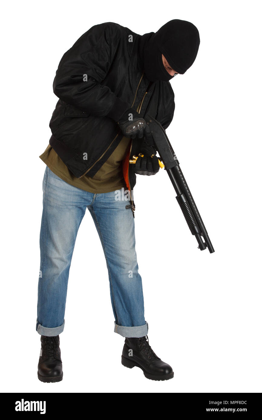 robber in black mask with shotgun isolated Stock Photo - Alamy