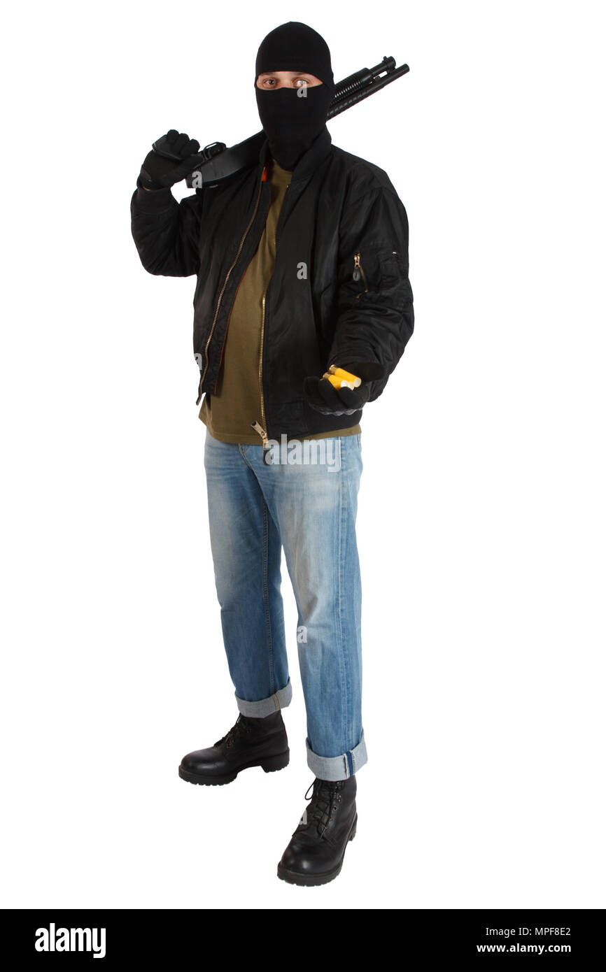 robber in black mask with shotgun isolated Stock Photo - Alamy