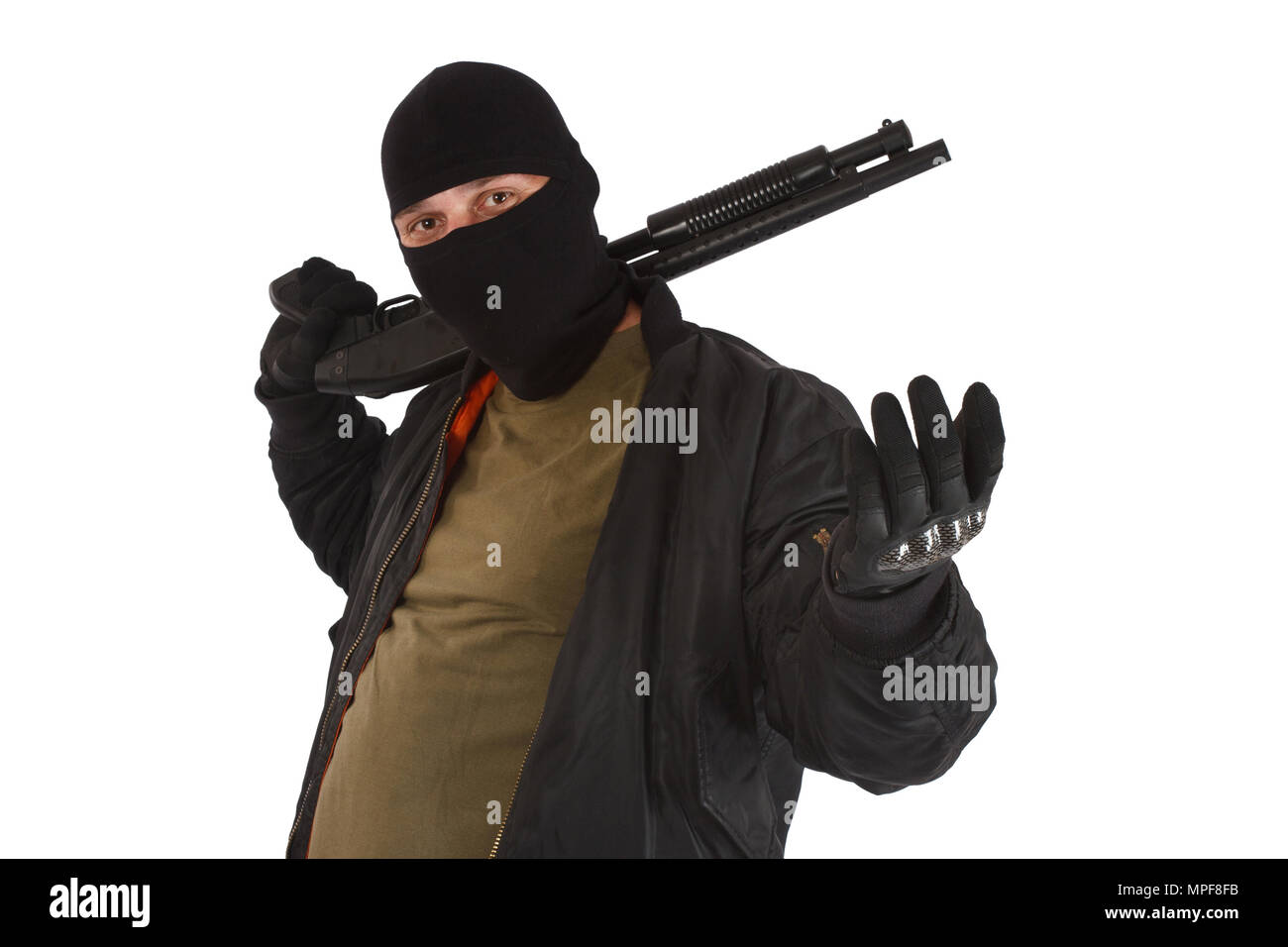 robber in black mask with shotgun isolated Stock Photo - Alamy