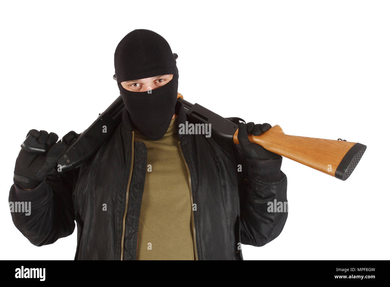 robber in black mask with shotgun isolated Stock Photo - Alamy