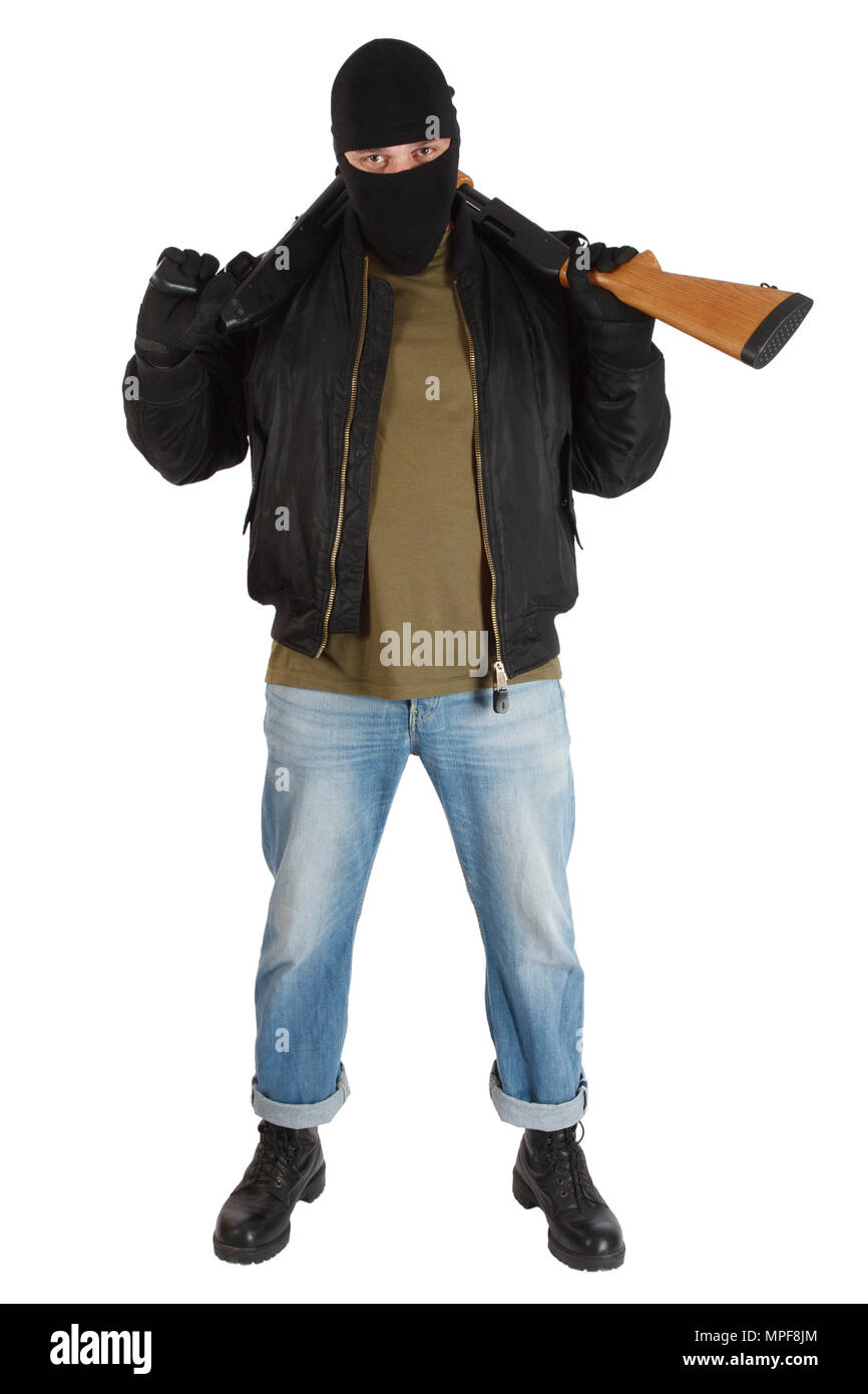 robber in black mask with shotgun isolated Stock Photo - Alamy