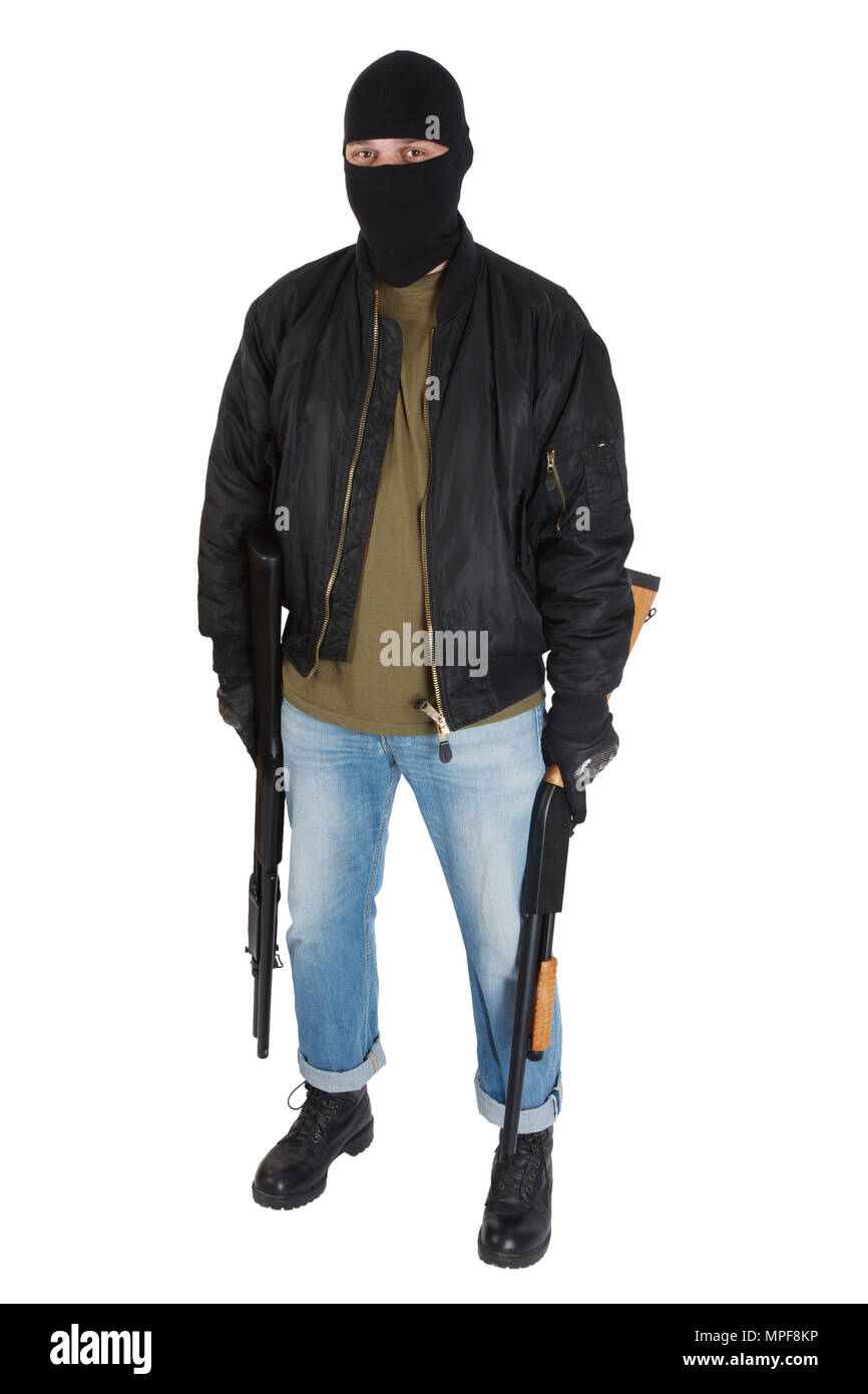 robber in black mask with shotgun isolated Stock Photo - Alamy