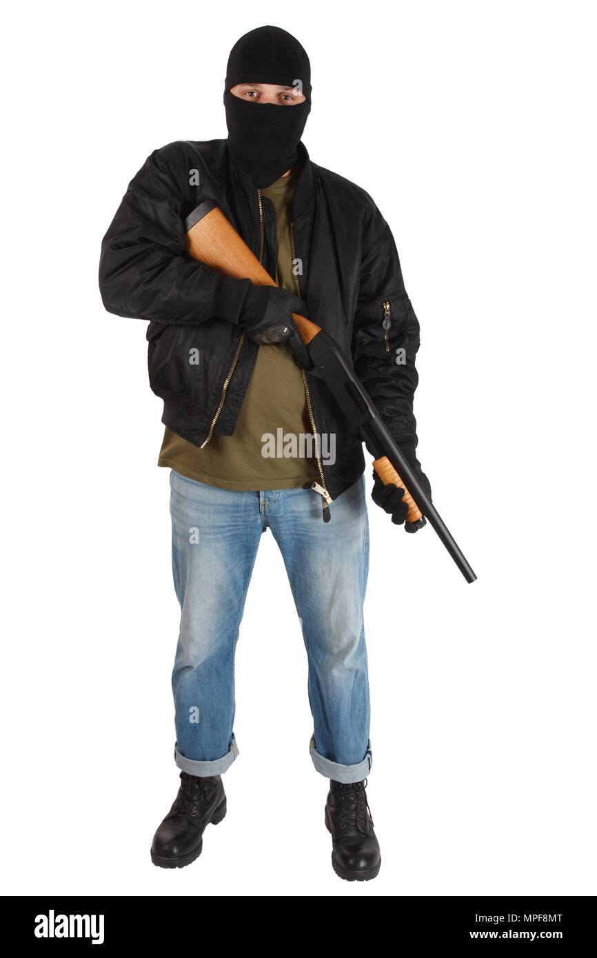 robber in black mask with shotgun isolated Stock Photo - Alamy