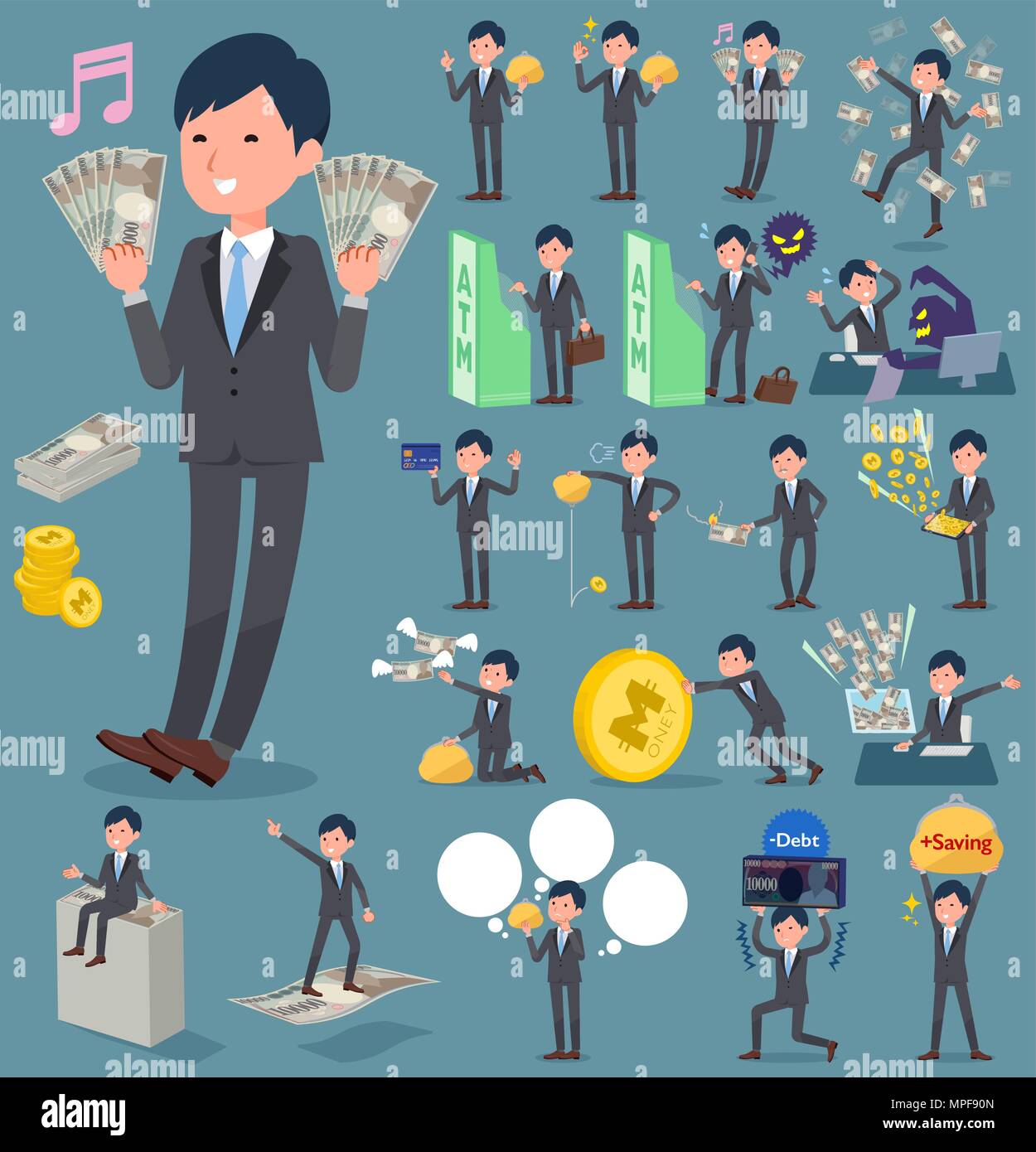 Set of various poses of flat type Gray suit businessman money Stock ...