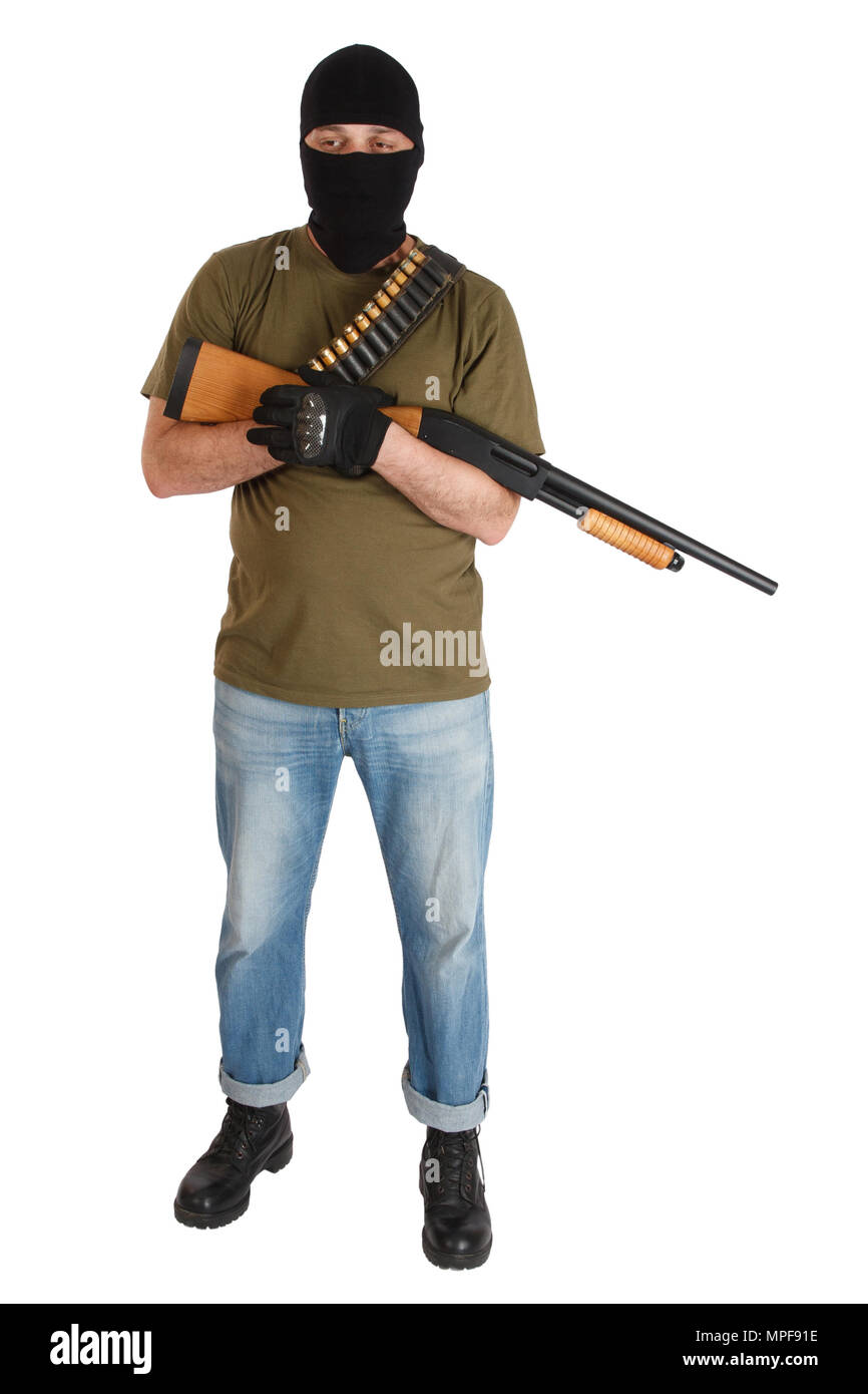 robber in black mask with shotgun isolated Stock Photo - Alamy