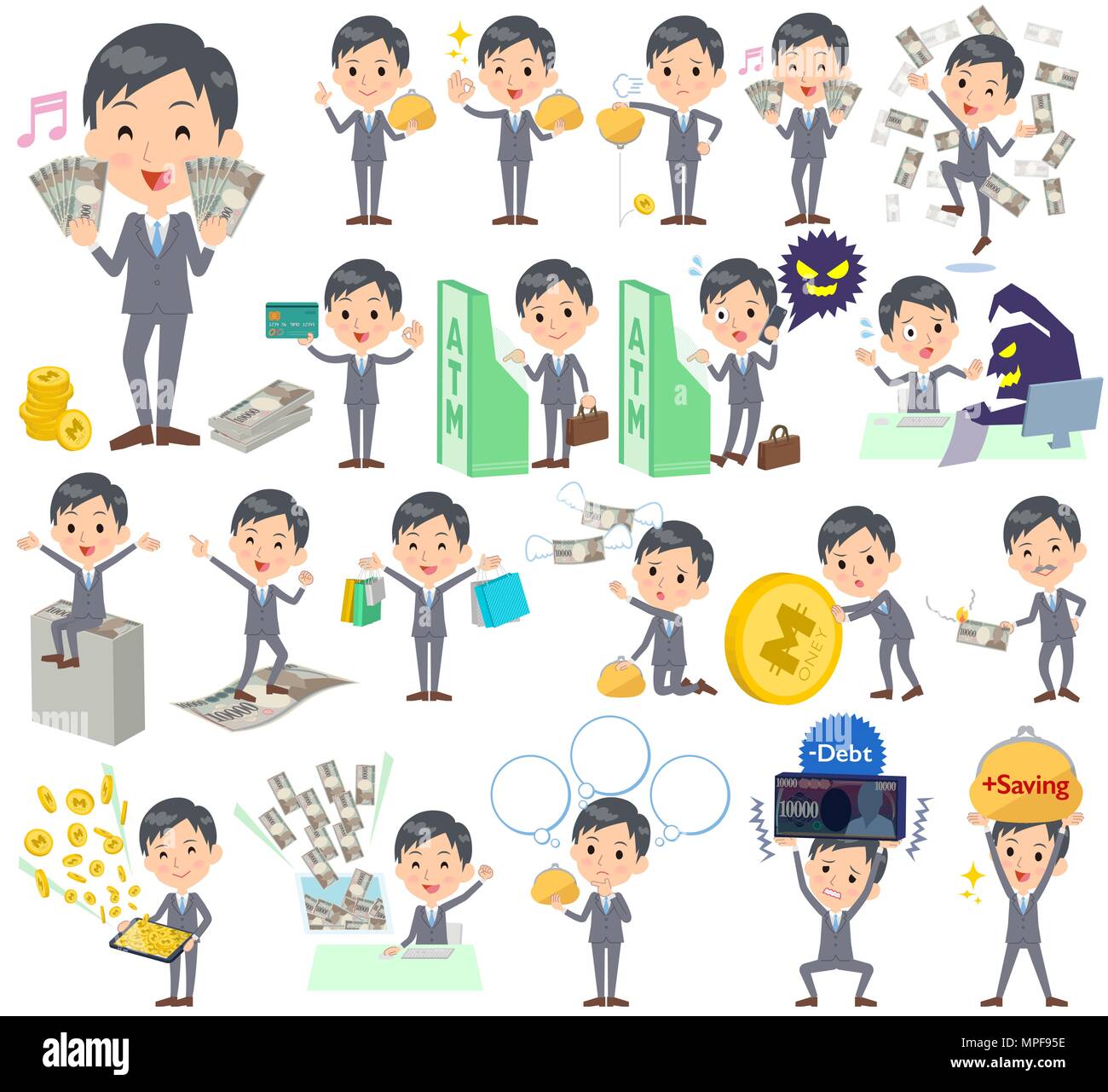 Set of various poses of Gray Suit Businessman money Stock Vector Image ...