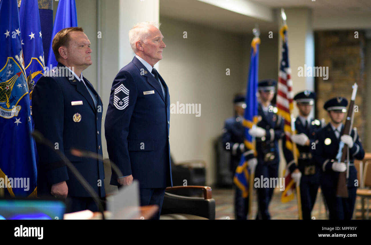 Brig. Gen. Samuel Mahoney and Chief Master Sgt. Tom Kimball stand at ...