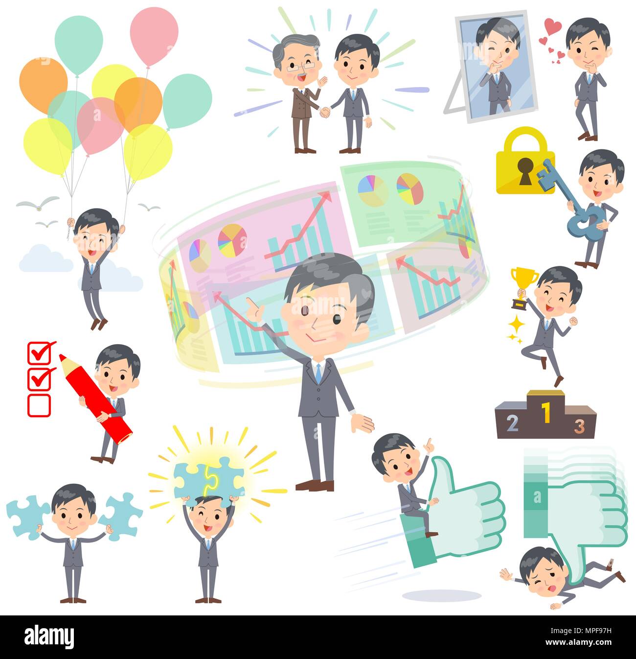 Set of various poses of Gray Suit Businessman success & positive Stock ...