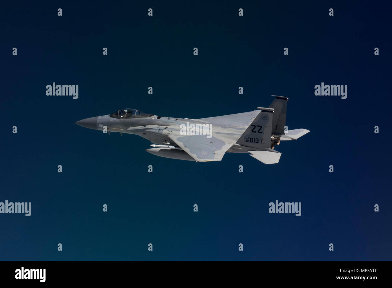 A U.S. Air Force 44th Fighter Squadron F-15 Eagle flies over the ...