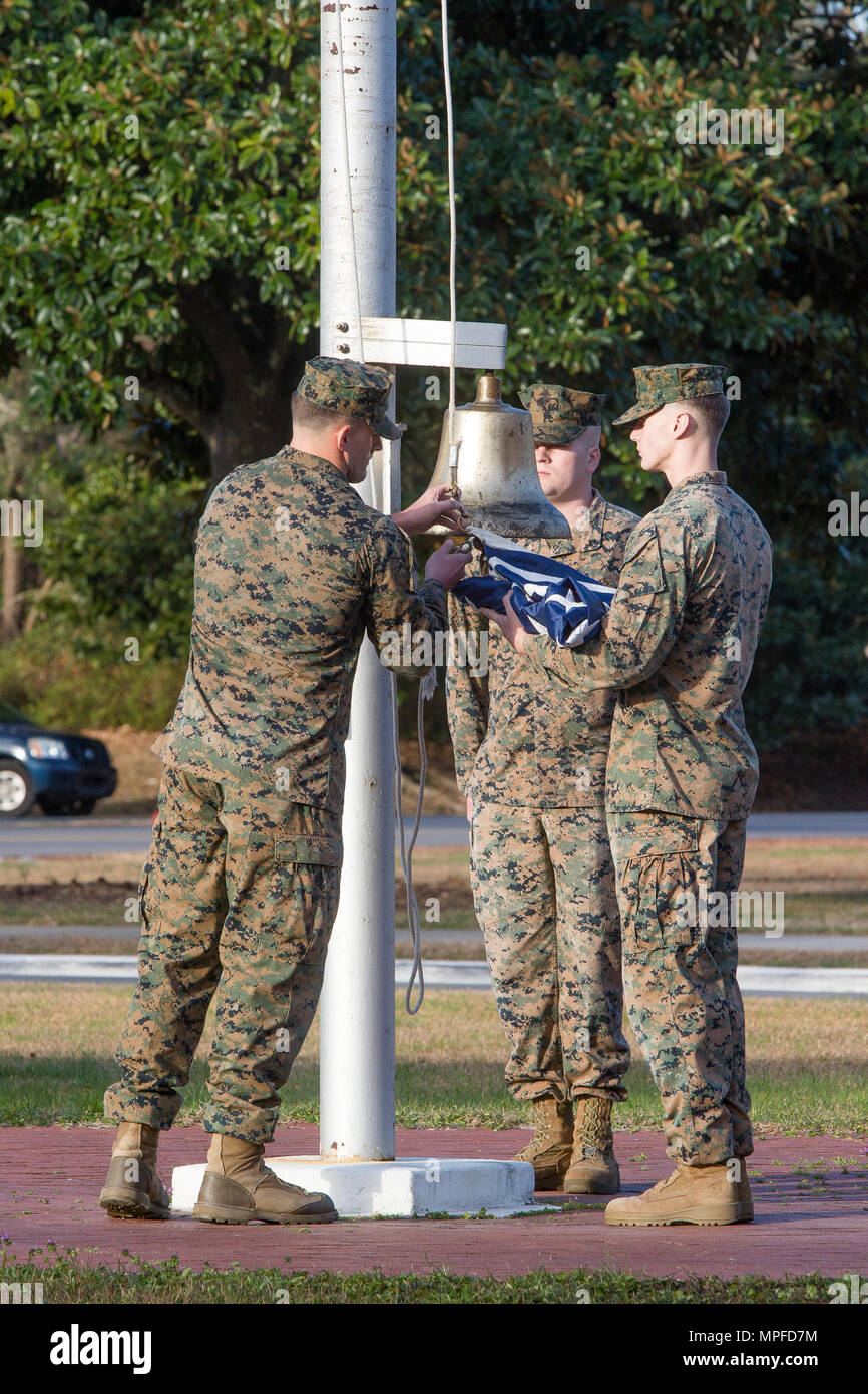 U.S. Marines with 2nd Marine Division (2d MARDIV) color guard prepare ...