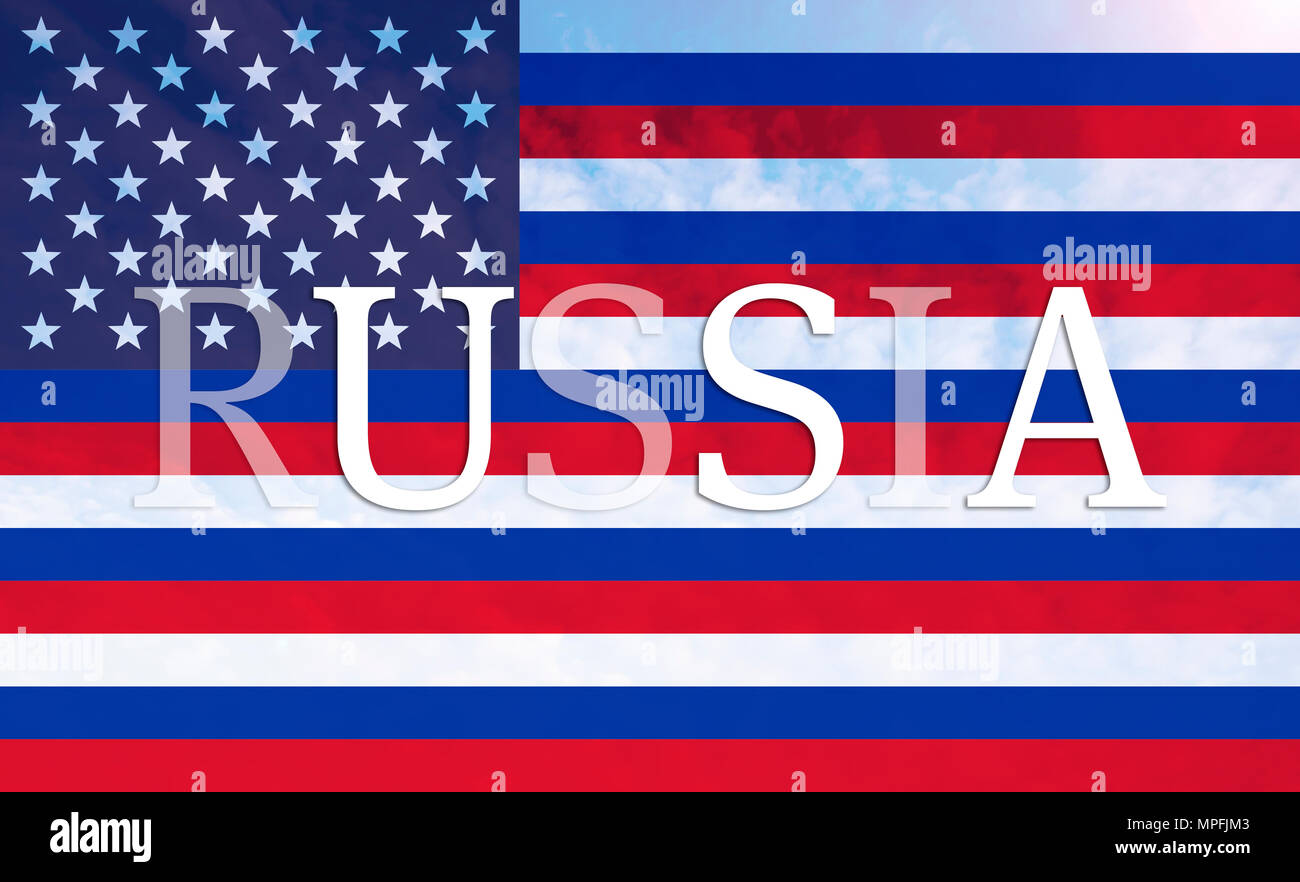 Combined Russian and American flag with inscription Russia and ...