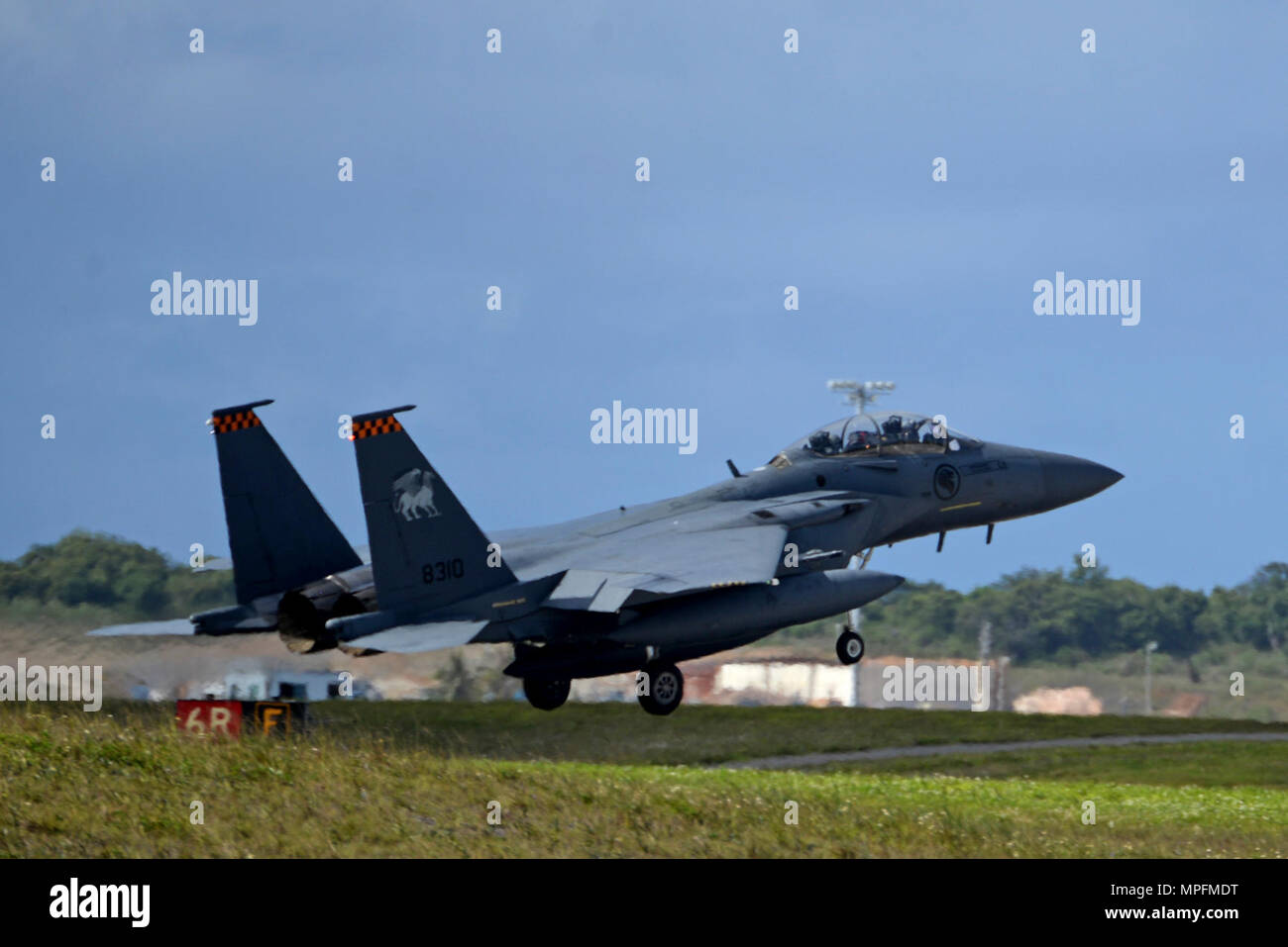 A Republic of Singapore Air Force F-15SG aircraft lands April 10, 2017 ...