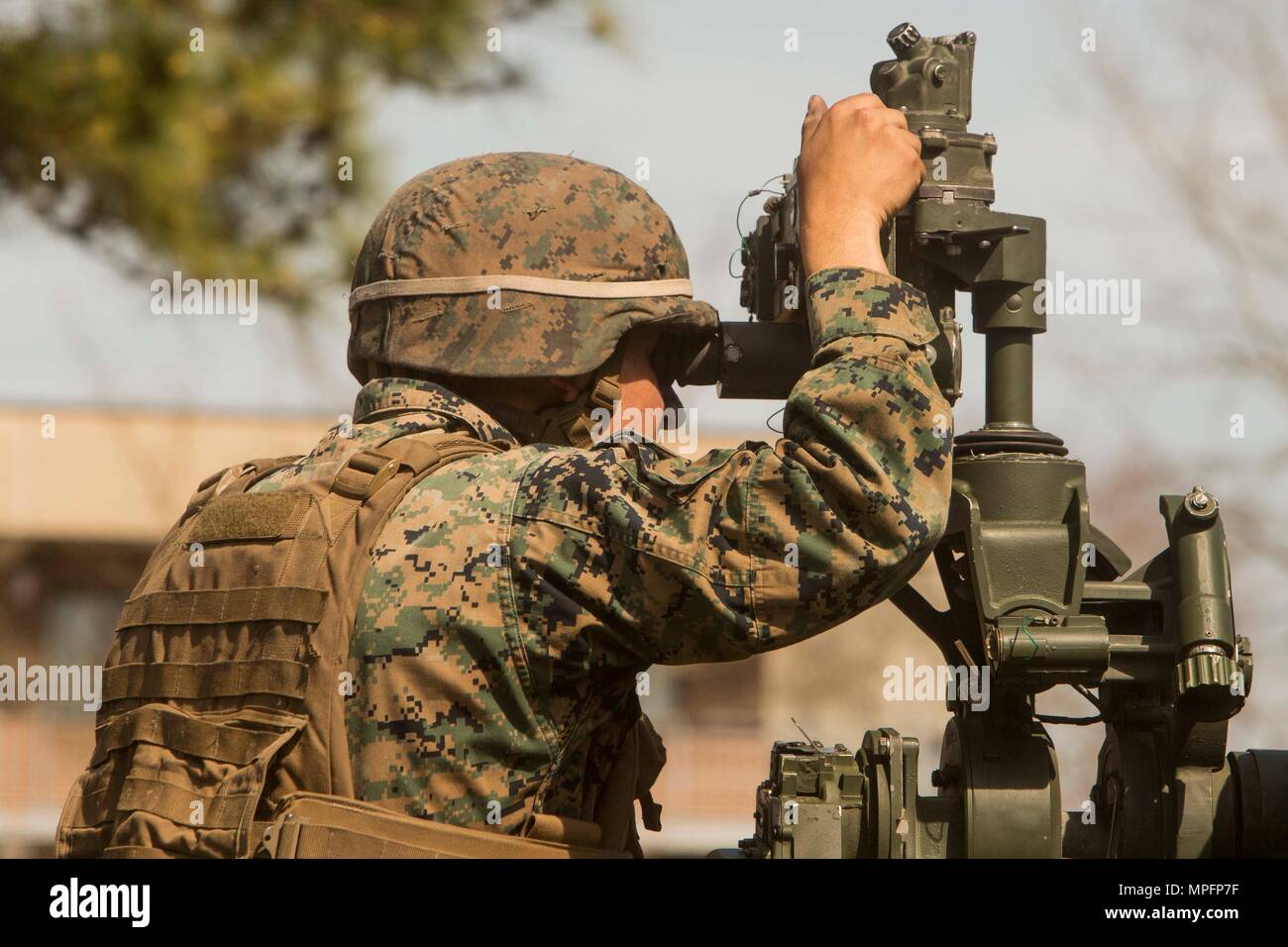 A Marine confirms an aiming point during a gunner and assistant gunner ...