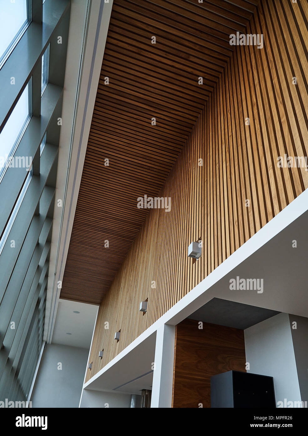 Walnut slats wall panel. Wooden slats on wall and ceiling in modern ...
