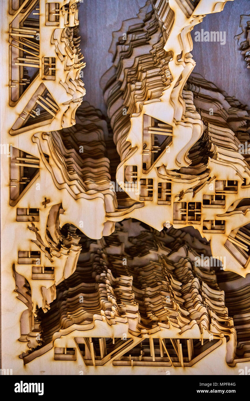 Laser cutting waste. Laser cut plywood map. Close-up Stock Photo - Alamy