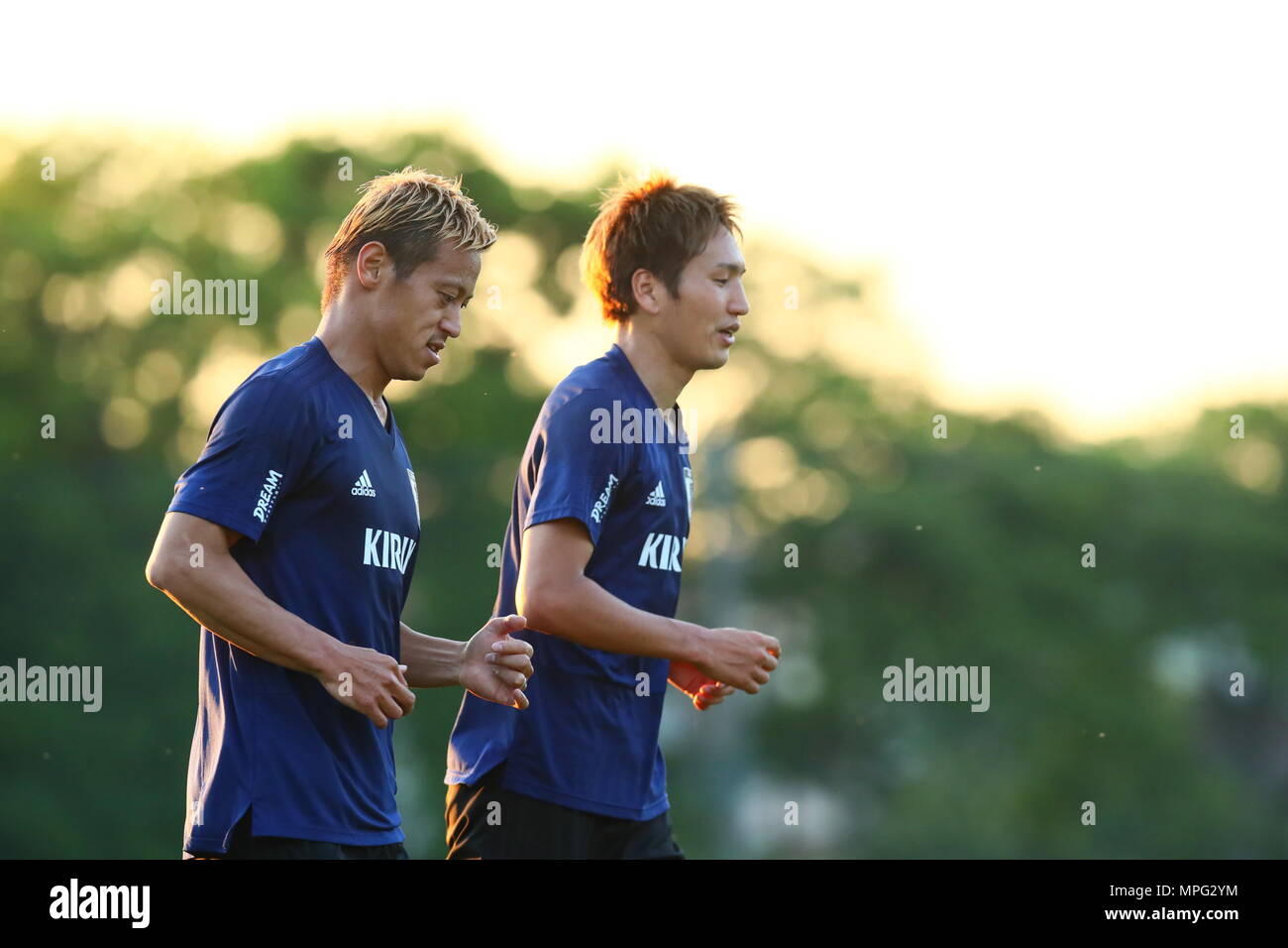 Frontier soccer field, Chiba, Japan. 22nd May, 2018. (L-R) Keisuke Honda, Genki Haraguchi (JPN ...