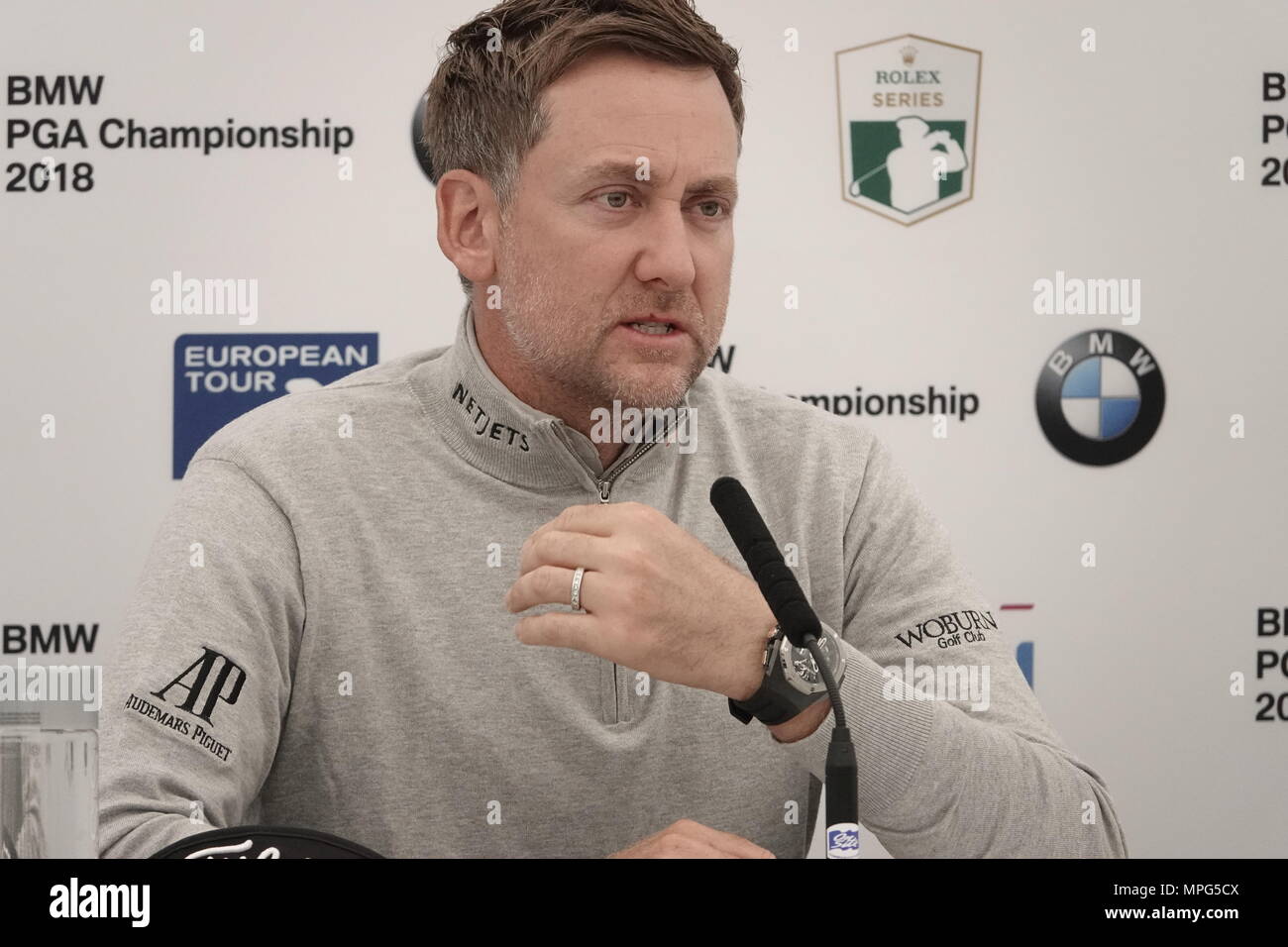 Wentworth Club, Surrey, UK., 23rd May, 2018 Ian Poulter (Eng) addresses ...