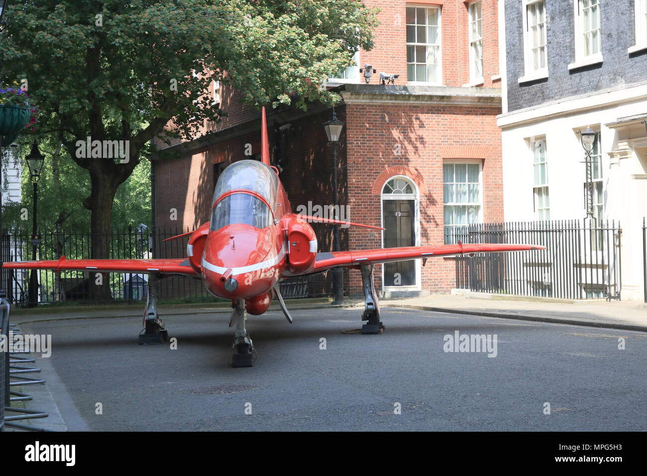 London UK. 23rd May 2018. A replica Red Arrows Hawk airplane used for ...
