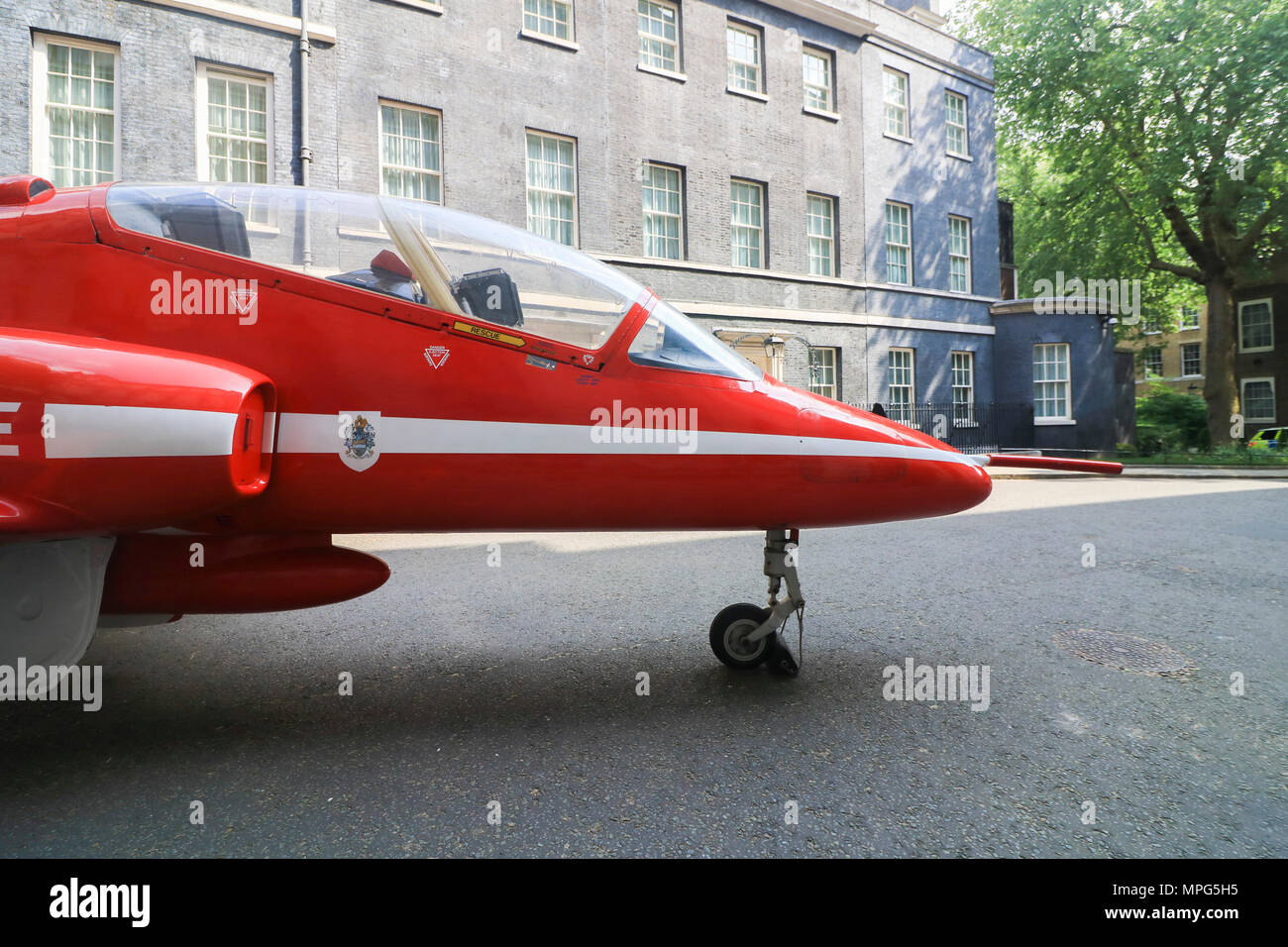 London UK. 23rd May 2018. A replica Red Arrows Hawk airplane used for ...