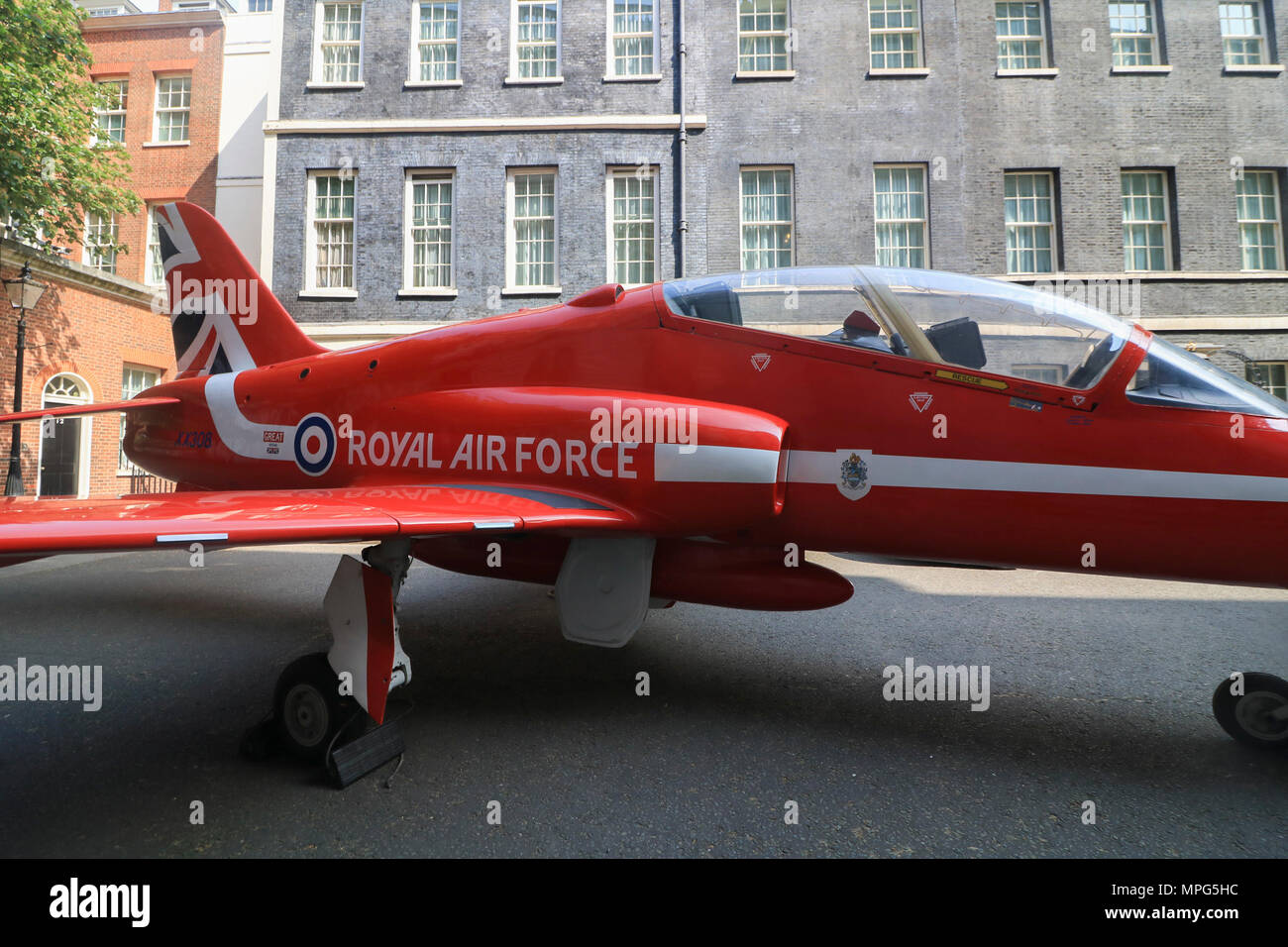 London UK. 23rd May 2018. A replica Red Arrows Hawk airplane used for ...