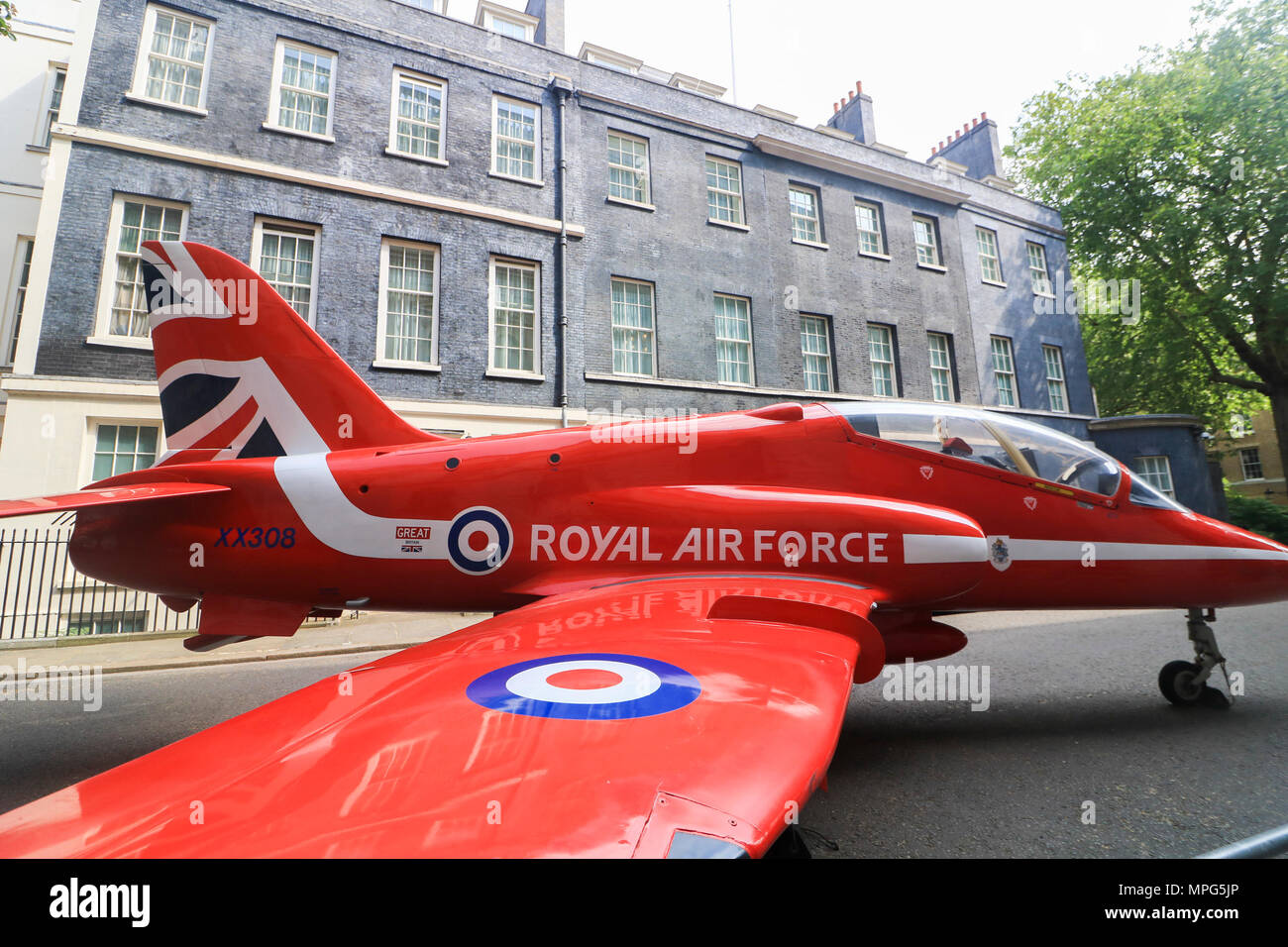London UK. 23rd May 2018. A replica Red Arrows Hawk airplane used for ...