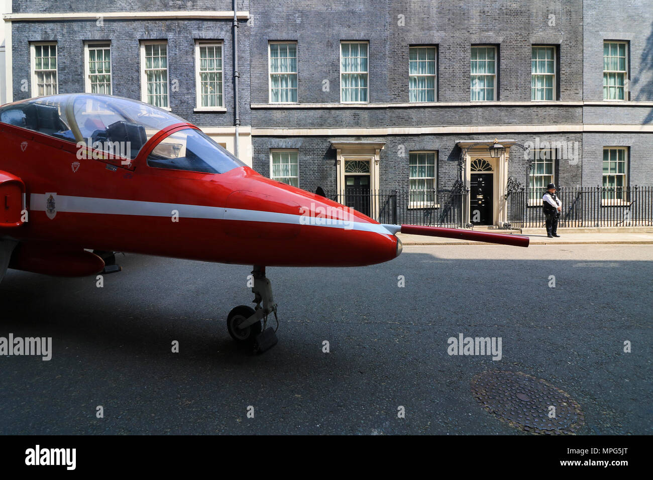 London UK. 23rd May 2018. A replica Red Arrows Hawk airplane used for ...