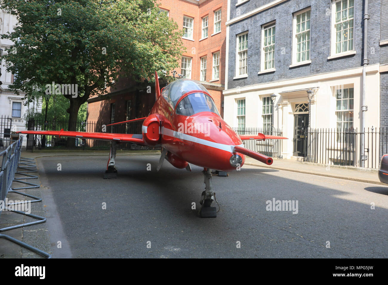 London UK. 23rd May 2018. A replica Red Arrows Hawk airplane used for ...