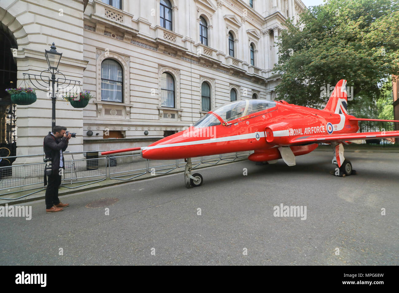 London UK. 23rd May 2018. A replica Red Arrows Hawk airplane used for ...
