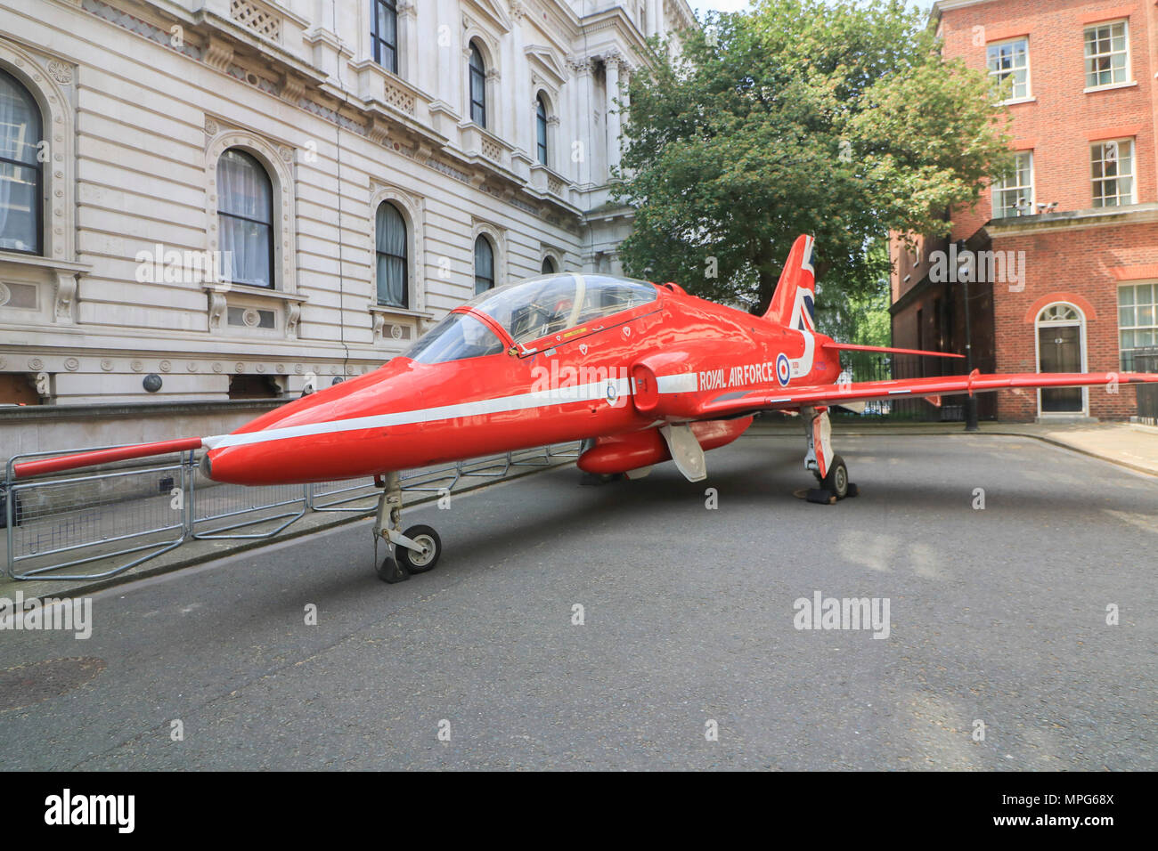 London UK. 23rd May 2018. A replica Red Arrows Hawk airplane used for ...