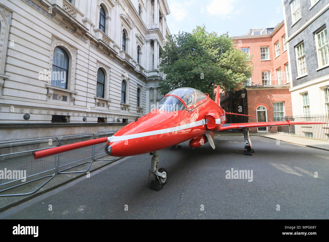 London UK. 23rd May 2018. A replica Red Arrows Hawk airplane used for ...