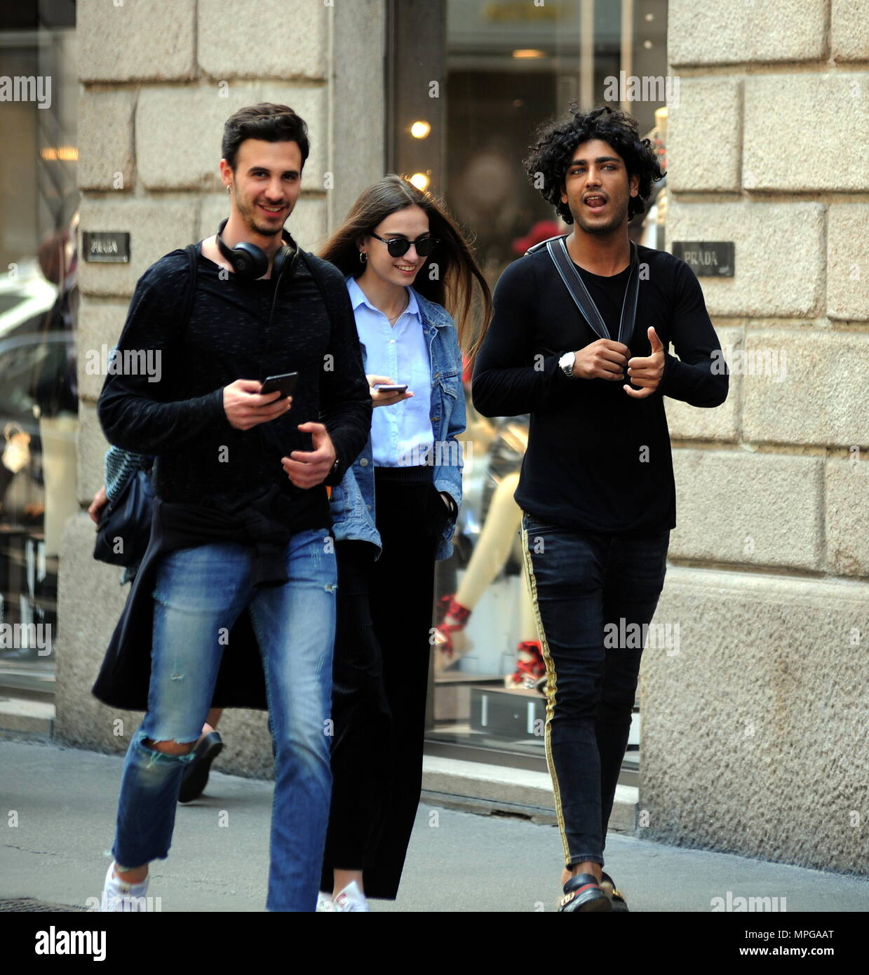 Milan, Akash Kumar walking downtown with friends Akash Kumar, 26-year-old Indio-Brazilian model ...