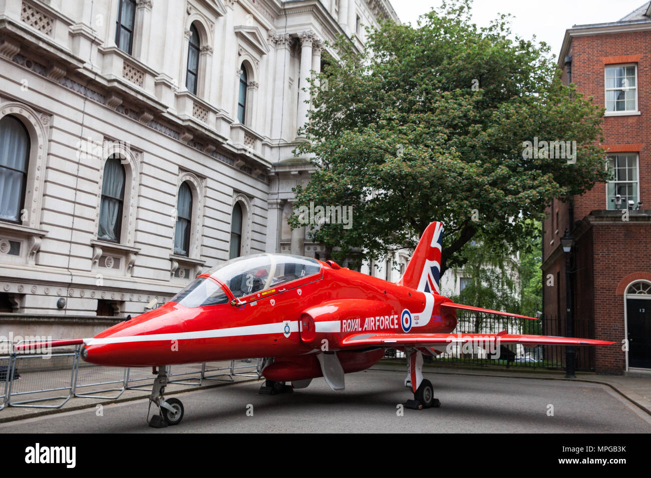 London, UK. 23rd May, 2018. A Red Arrows Hawk aircraft stands in ...