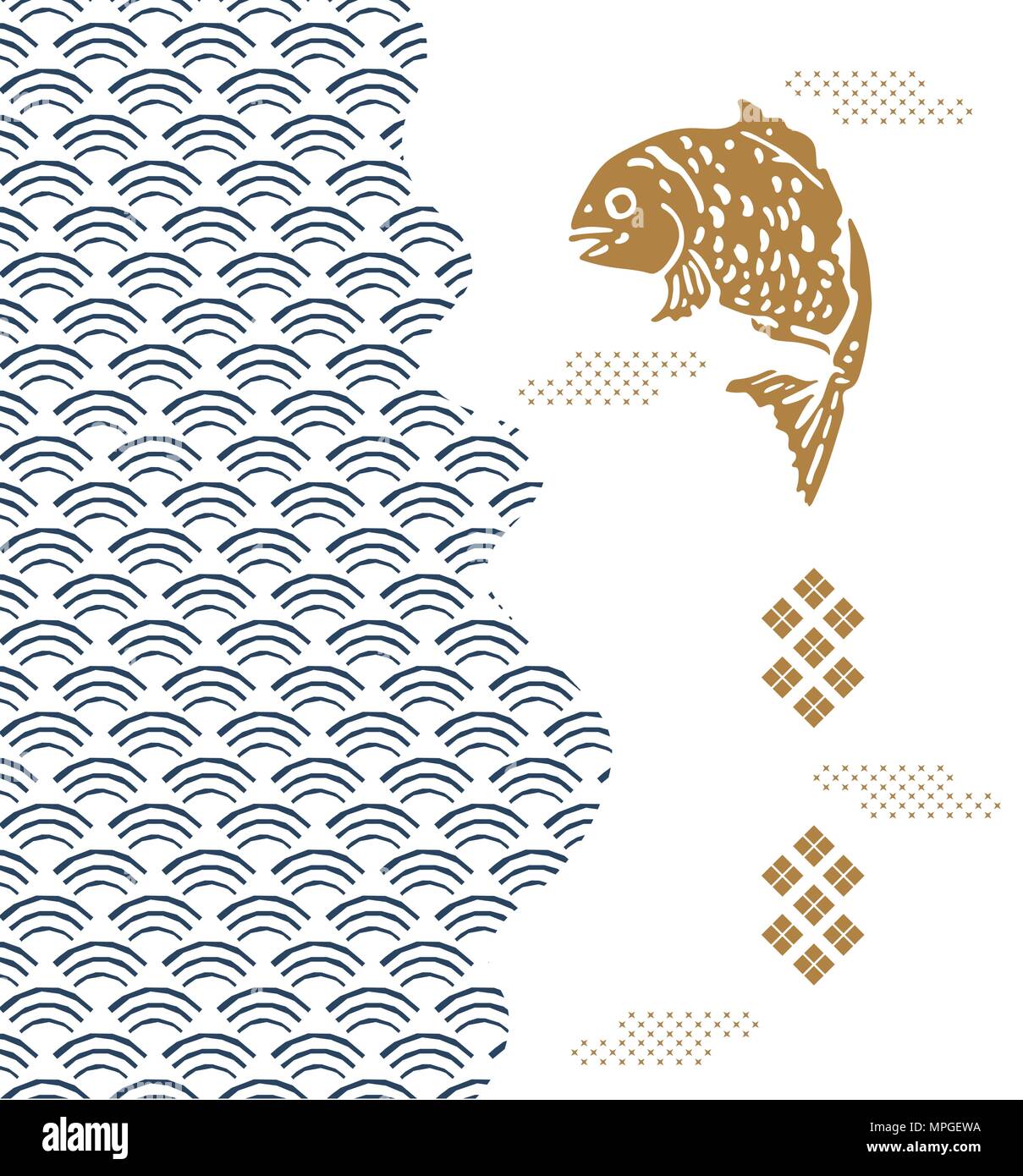 Japanese pattern vector. Wave background and fish elements Stock Vector ...