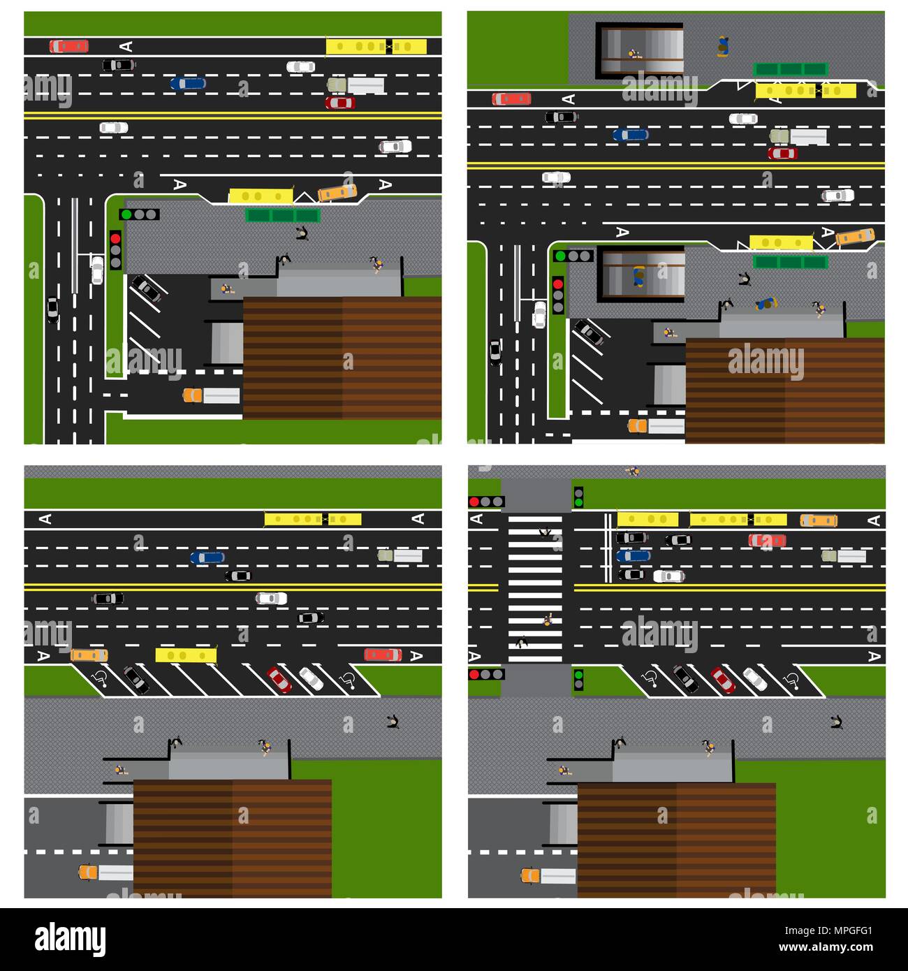 Set of roads, highways, streets, with a shop. Crossroads. Bus stop ...