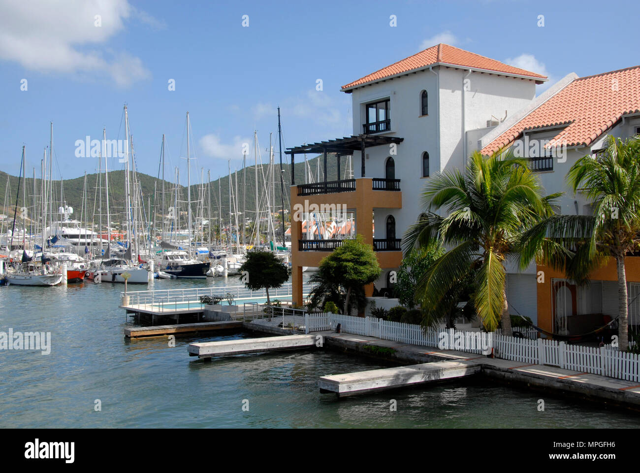 Waterside buildings and marina, St Maarten, Caribbean Stock Photo - Alamy