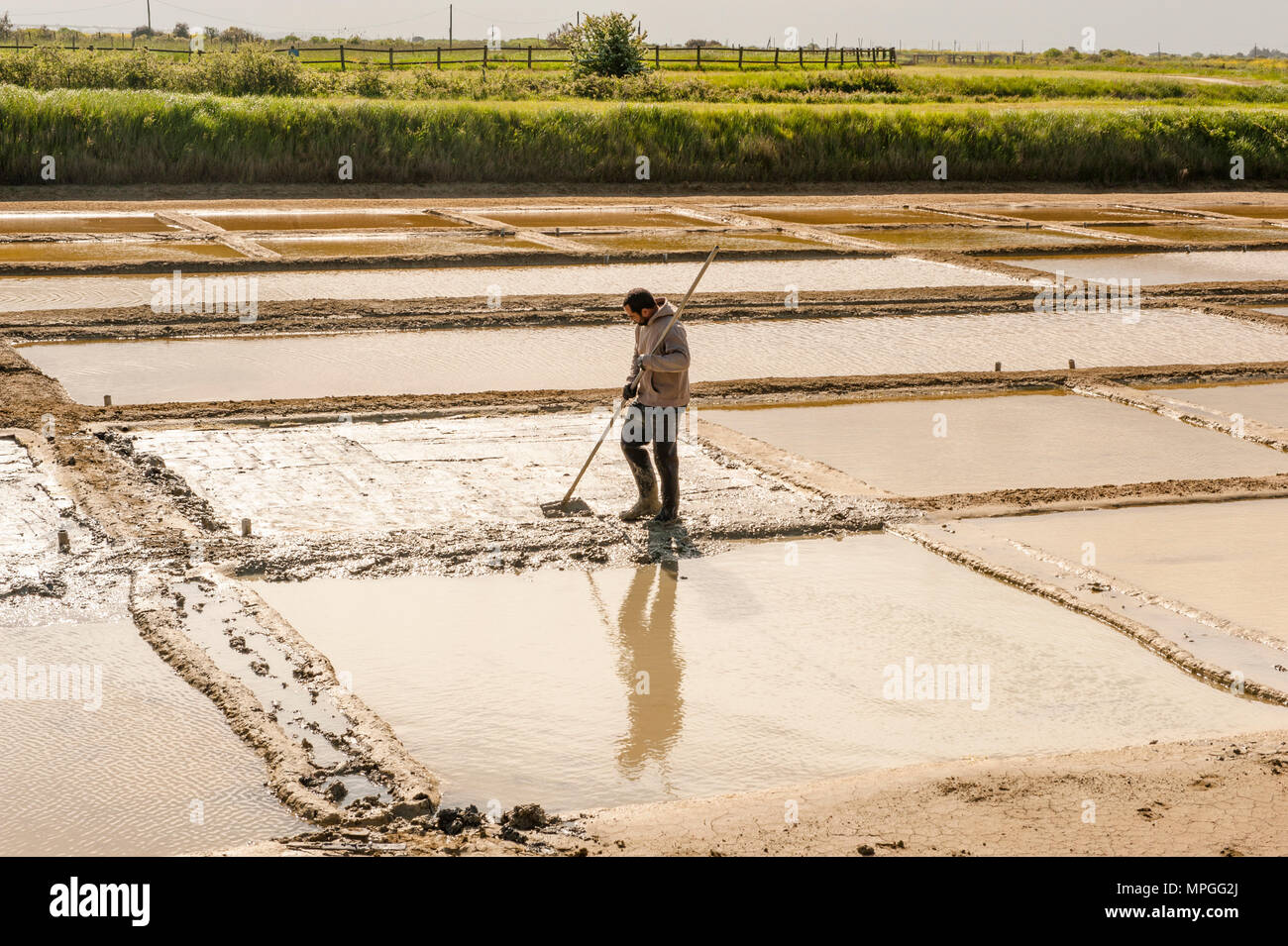 Salt farmer (saunier) working at Le Port des Salines, Île d'Oléron ...