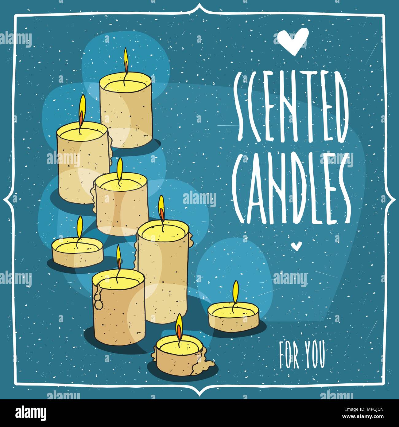 Composition with yellow burning candles. Isolated blue background ...