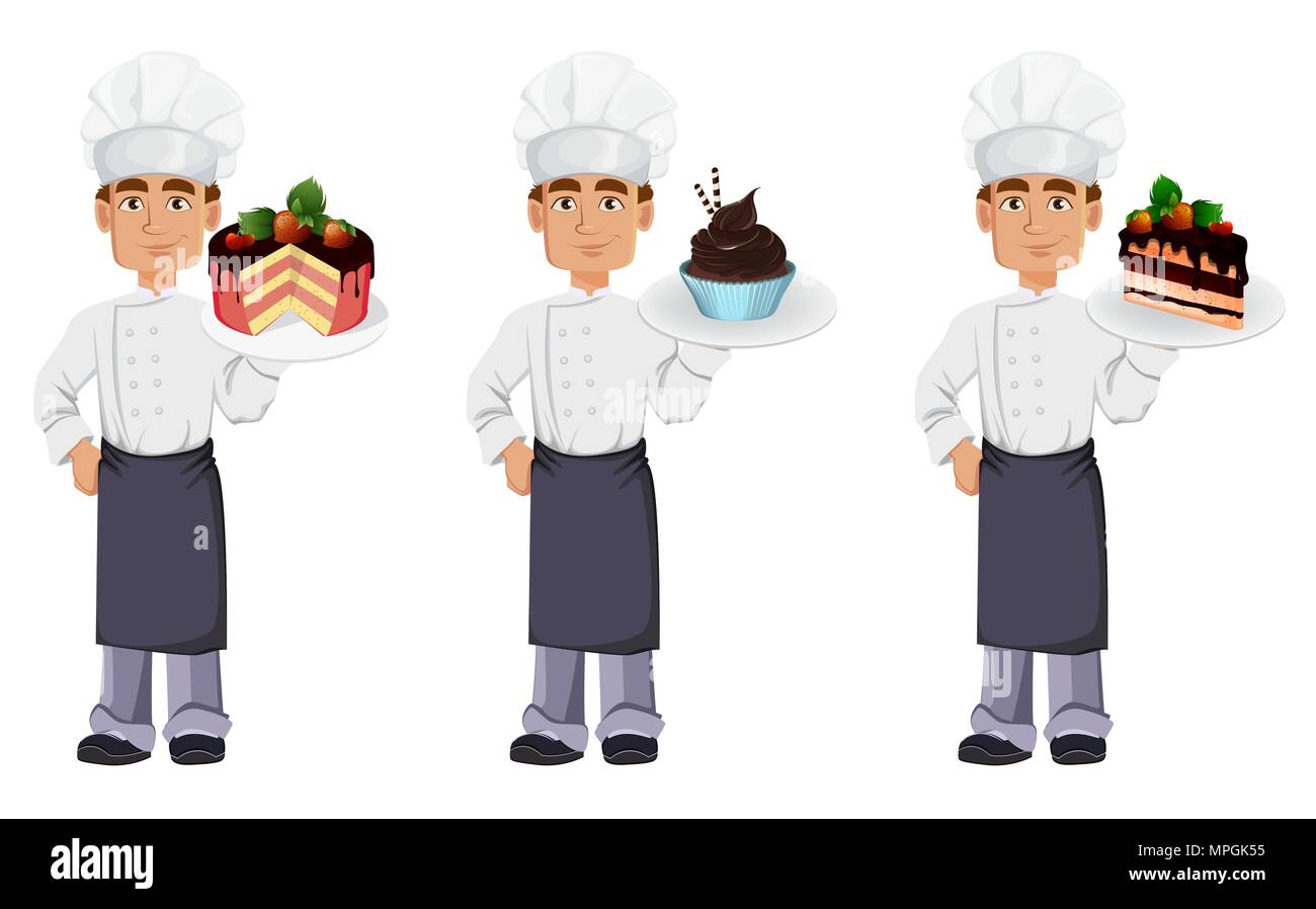 Handsome baker in professional uniform and chef hat, set of three poses ...