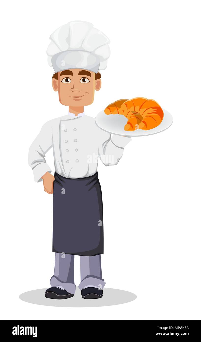 Handsome baker in professional uniform and chef hat holding fresh ...