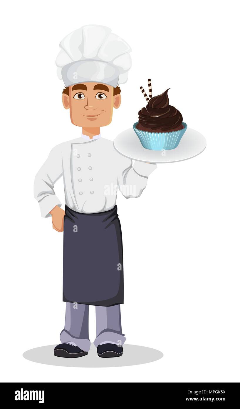 Handsome baker in professional uniform and chef hat holding chocolate ...