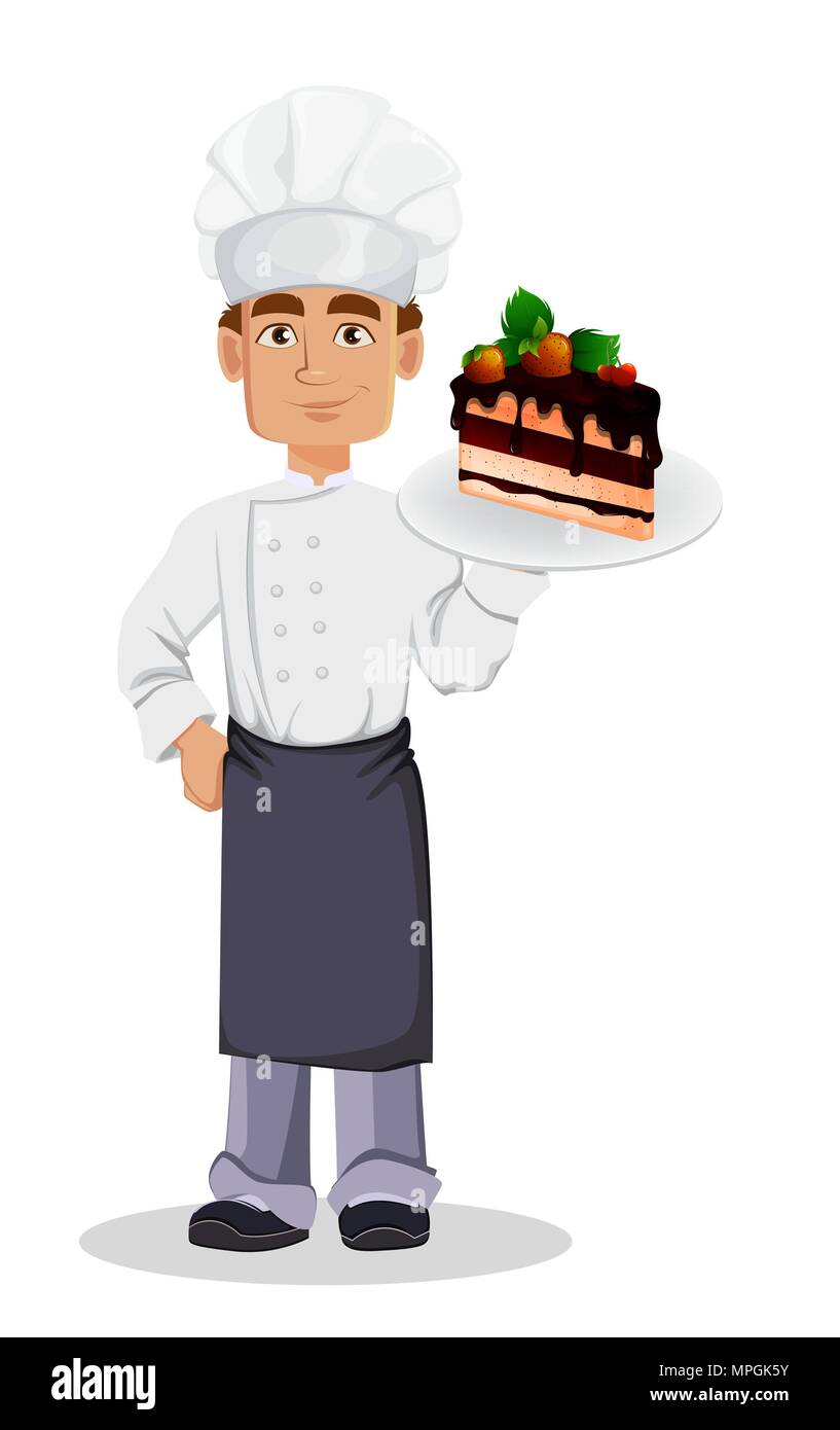 Handsome baker in professional uniform and chef hat holding piece of ...