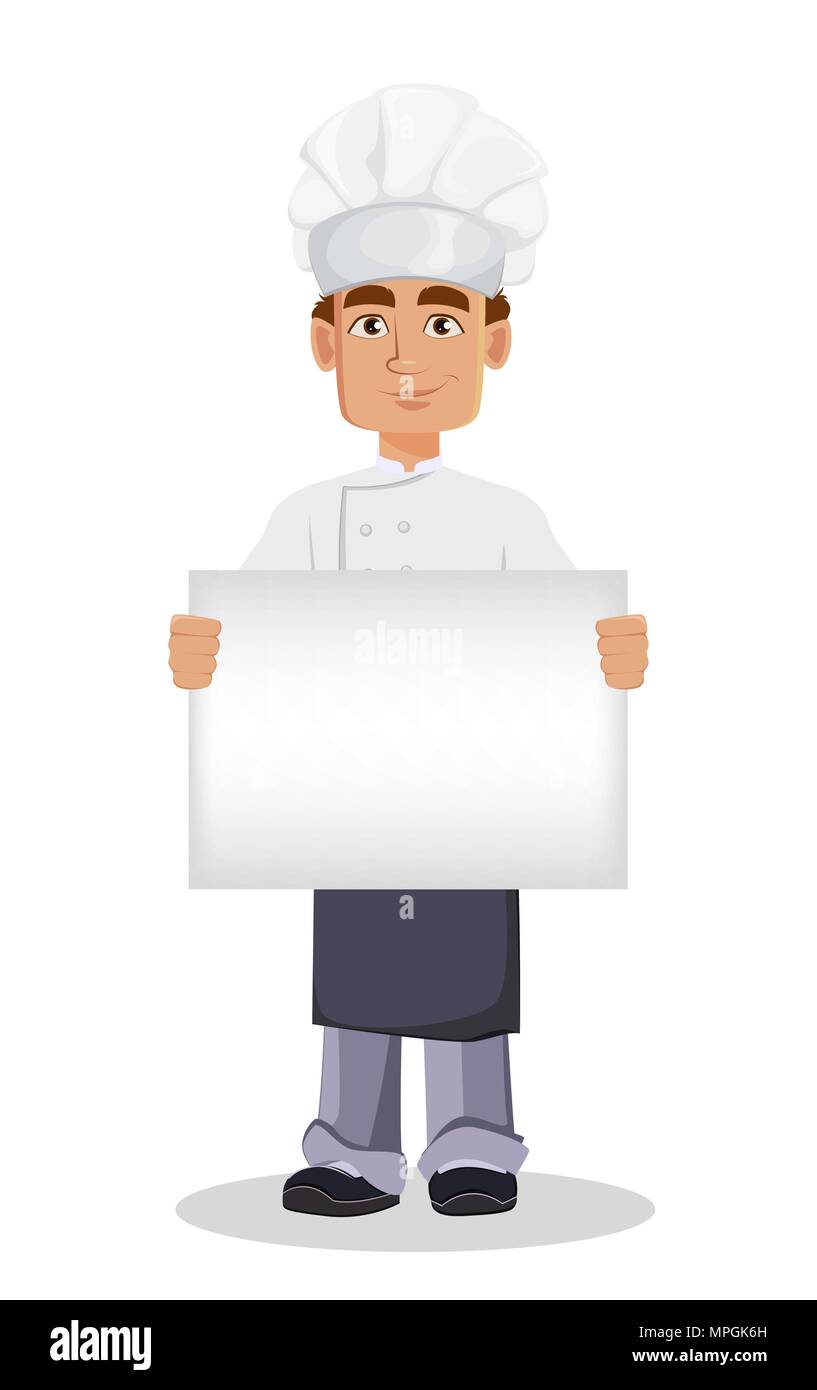 Handsome baker in professional uniform and chef hat holding blank ...