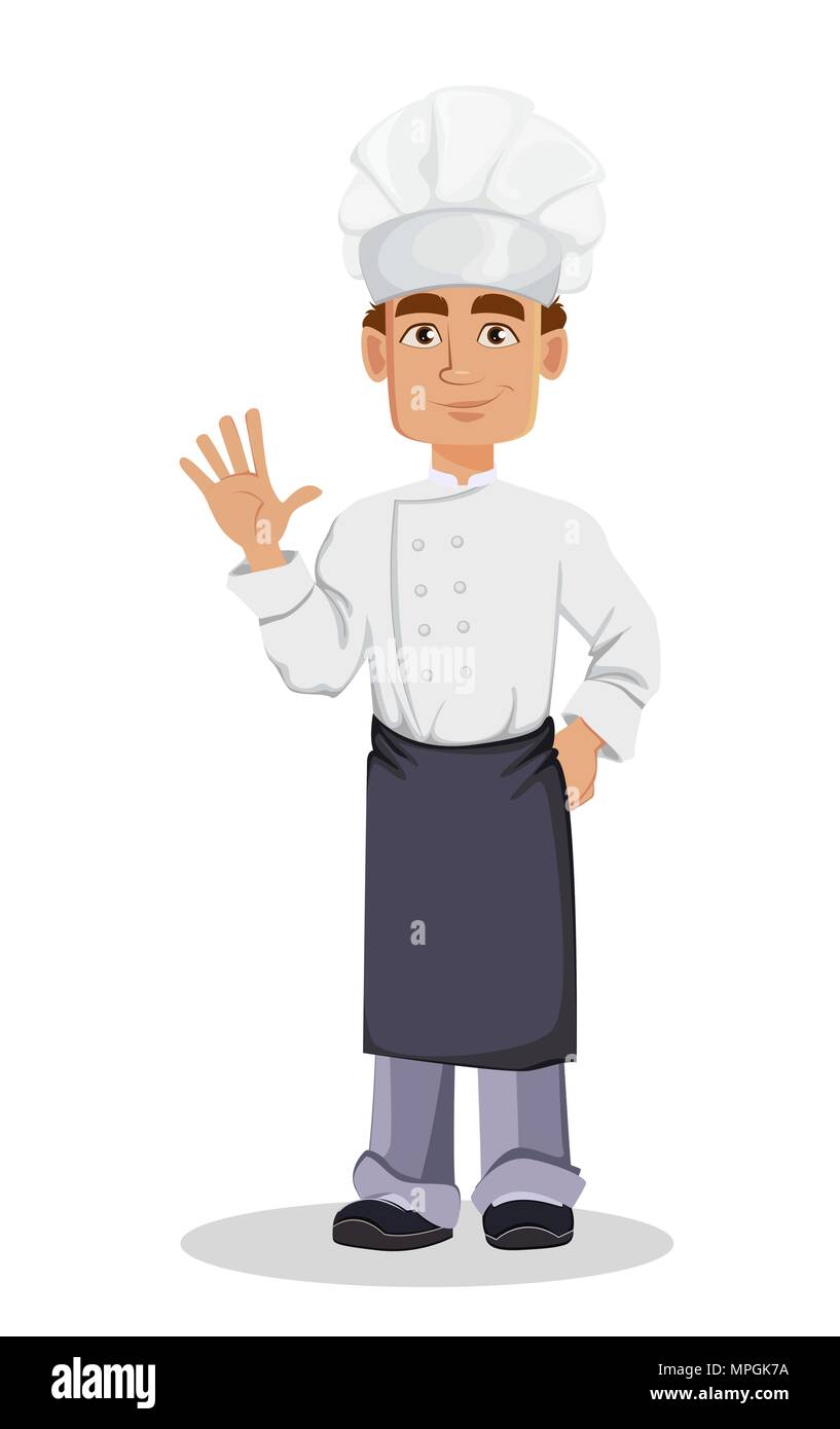 Handsome baker in professional uniform and chef hat waving hand ...