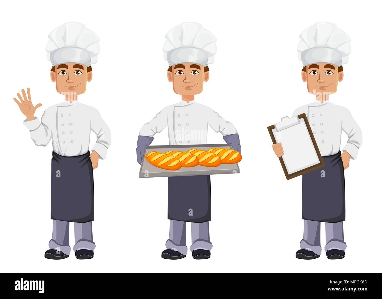 Handsome baker in professional uniform and chef hat, set of three poses ...