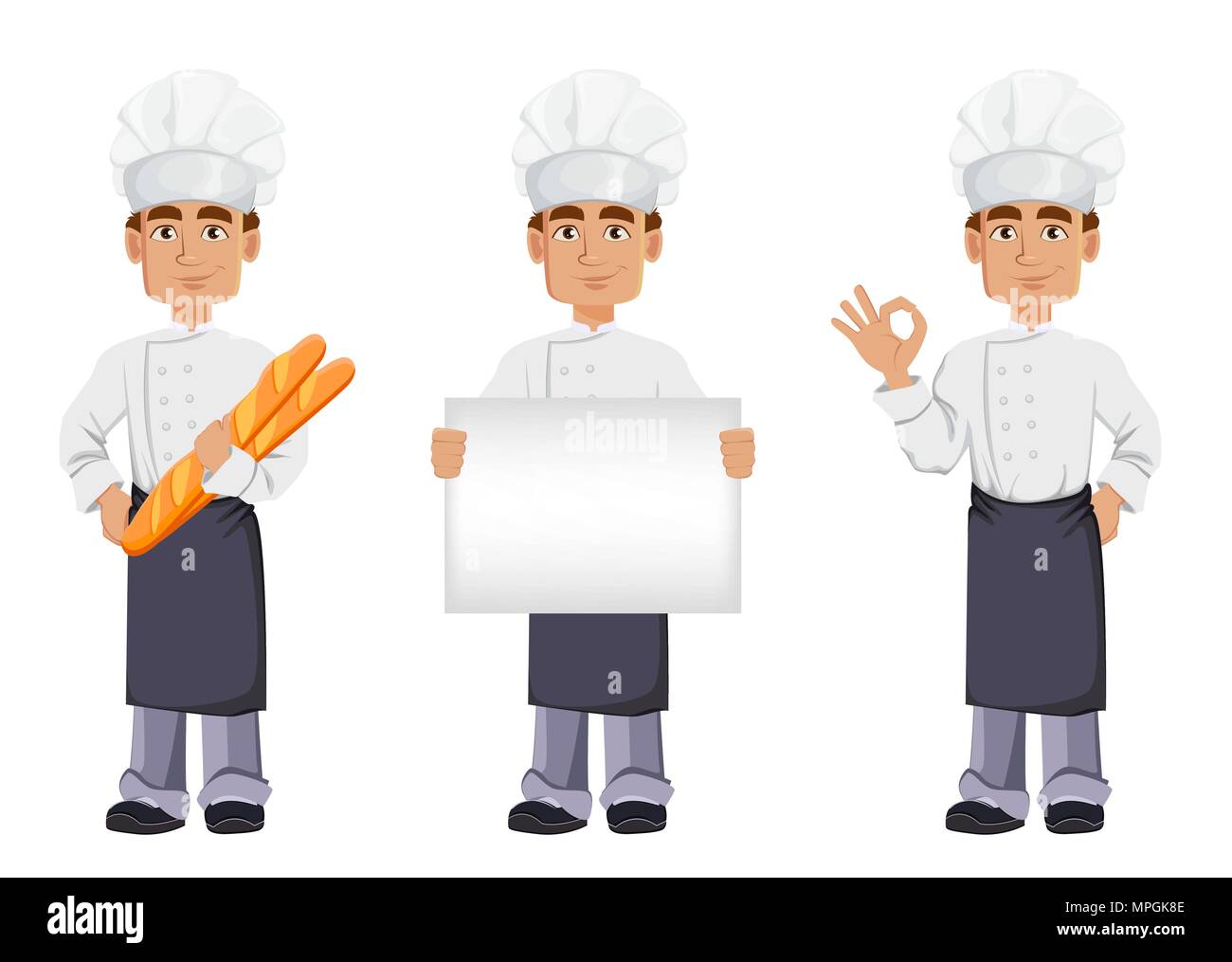 Handsome baker in professional uniform and chef hat, set of three poses ...