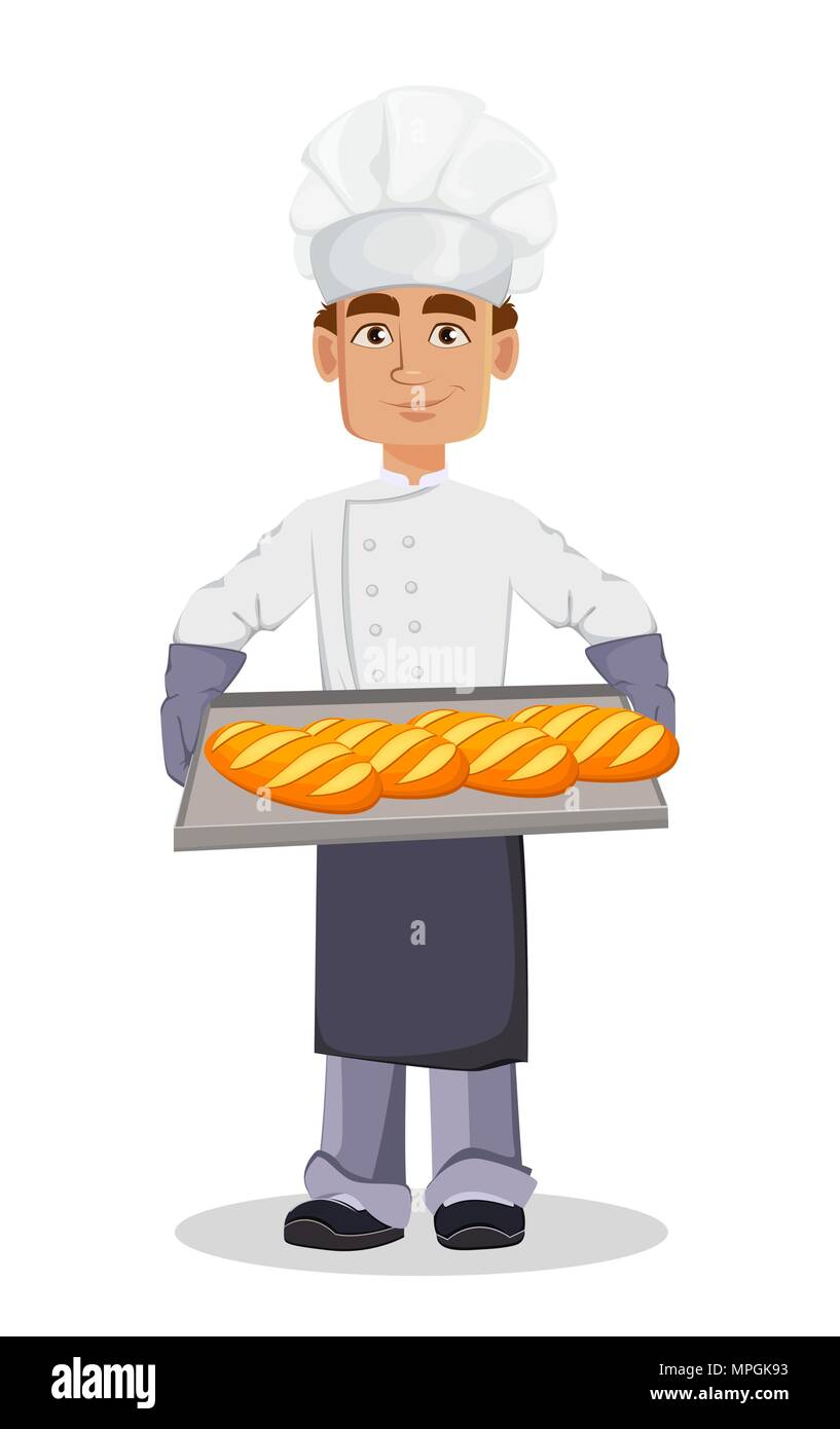 Handsome baker in professional uniform and chef hat holding baking tray ...