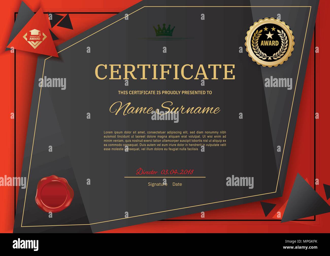 Official black certificate with red black triangle design elements ...