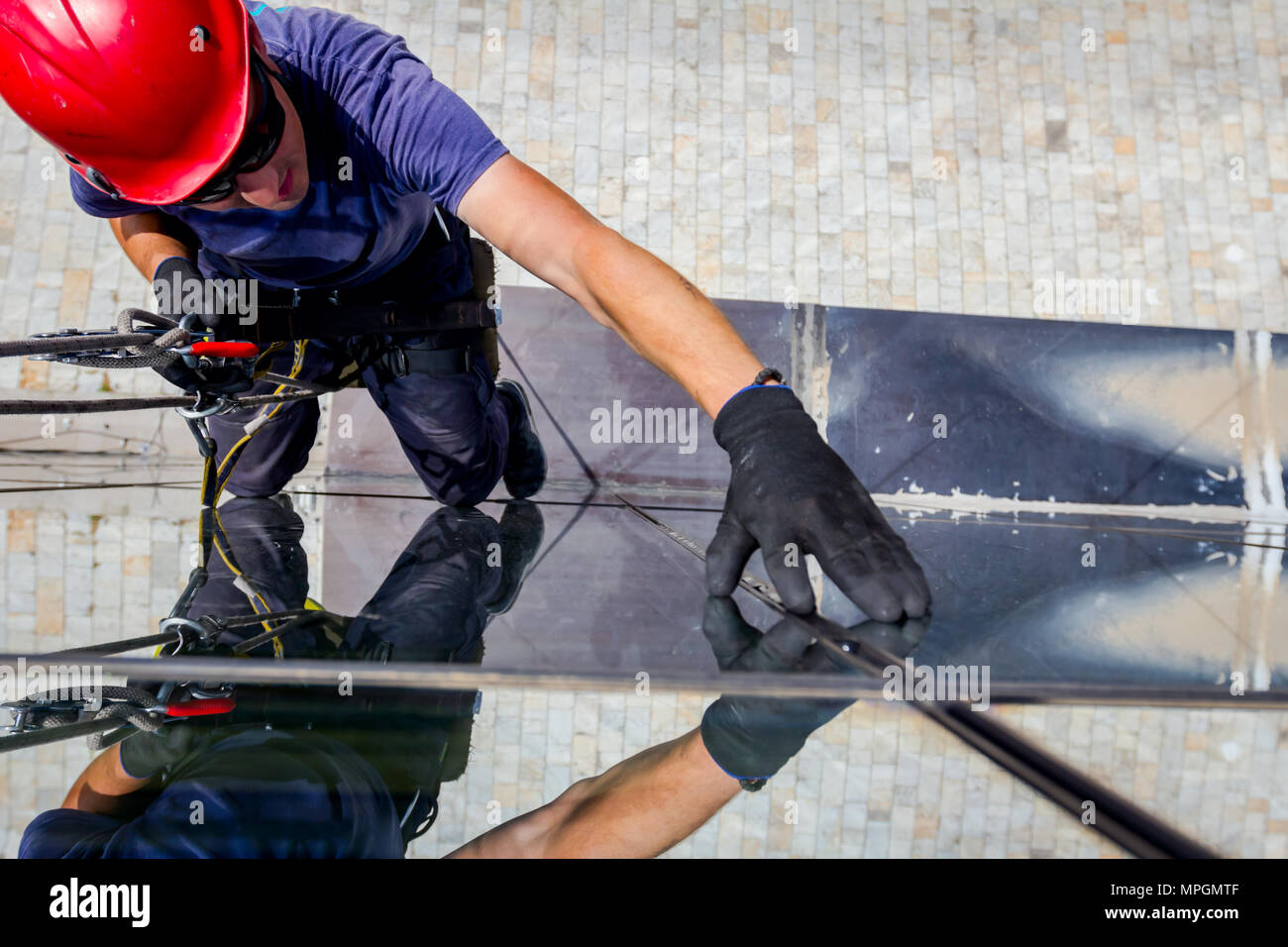 Closeup view on smears silicone on joints between windows with ...