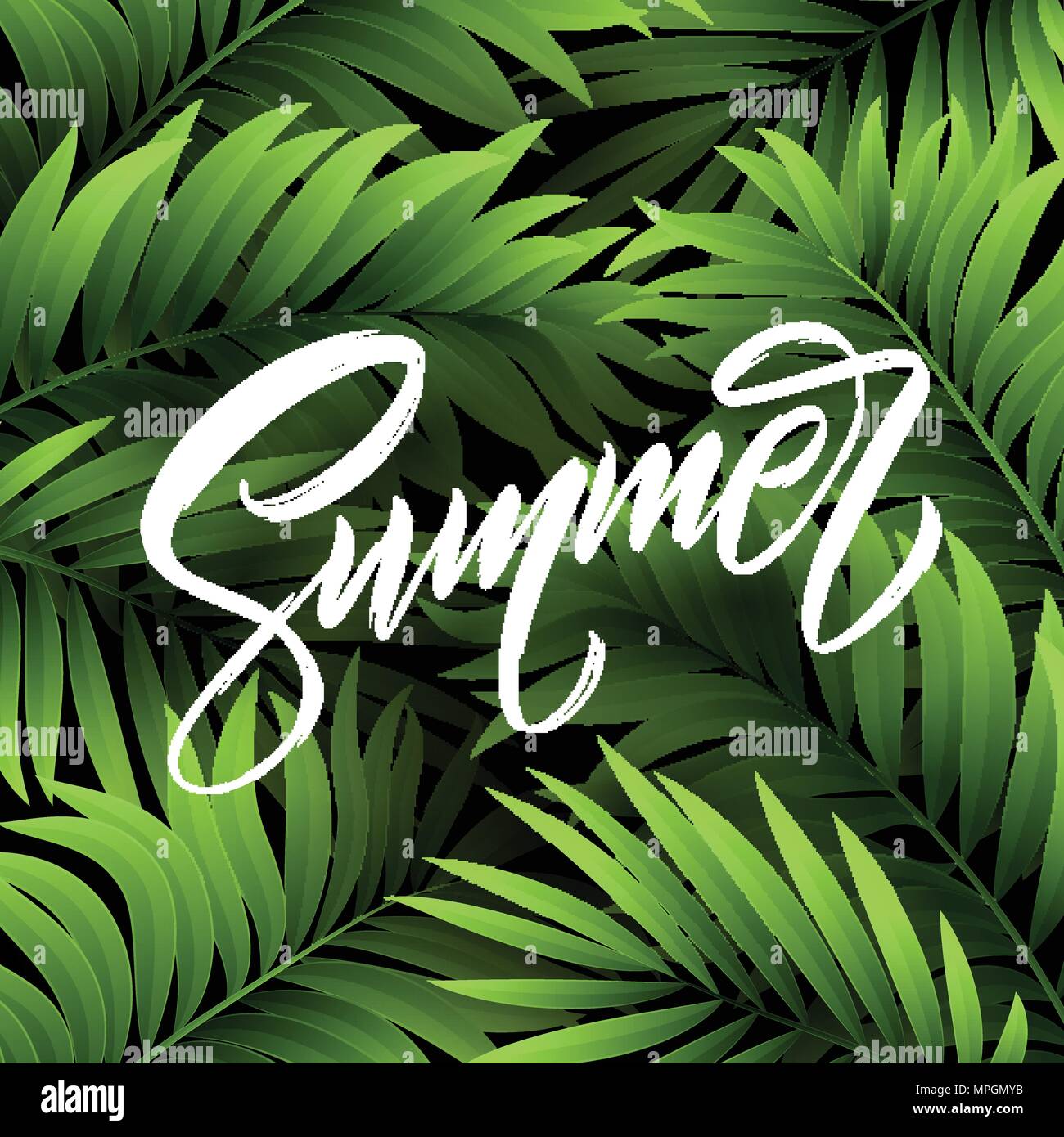 Summer lettering on palm leaf background. Vector illustration Stock ...
